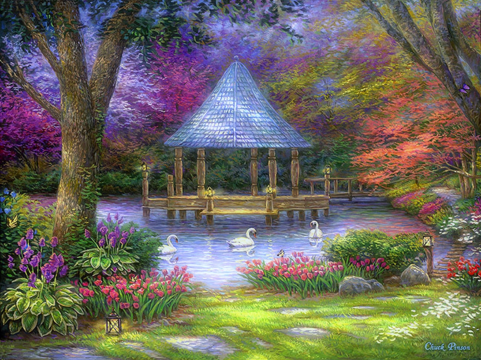 Download Pond Swan Tree Flower Gazebo Park Spring Artistic Painting HD ...