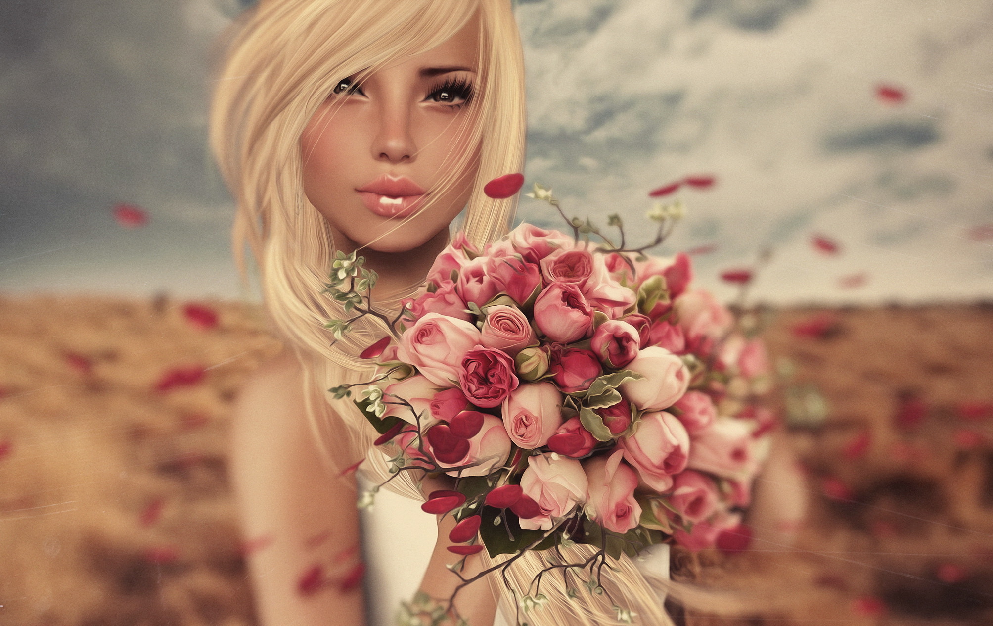 Download Pink Flower Pink Rose Rose Bouquet Blonde Fantasy Woman HD ...