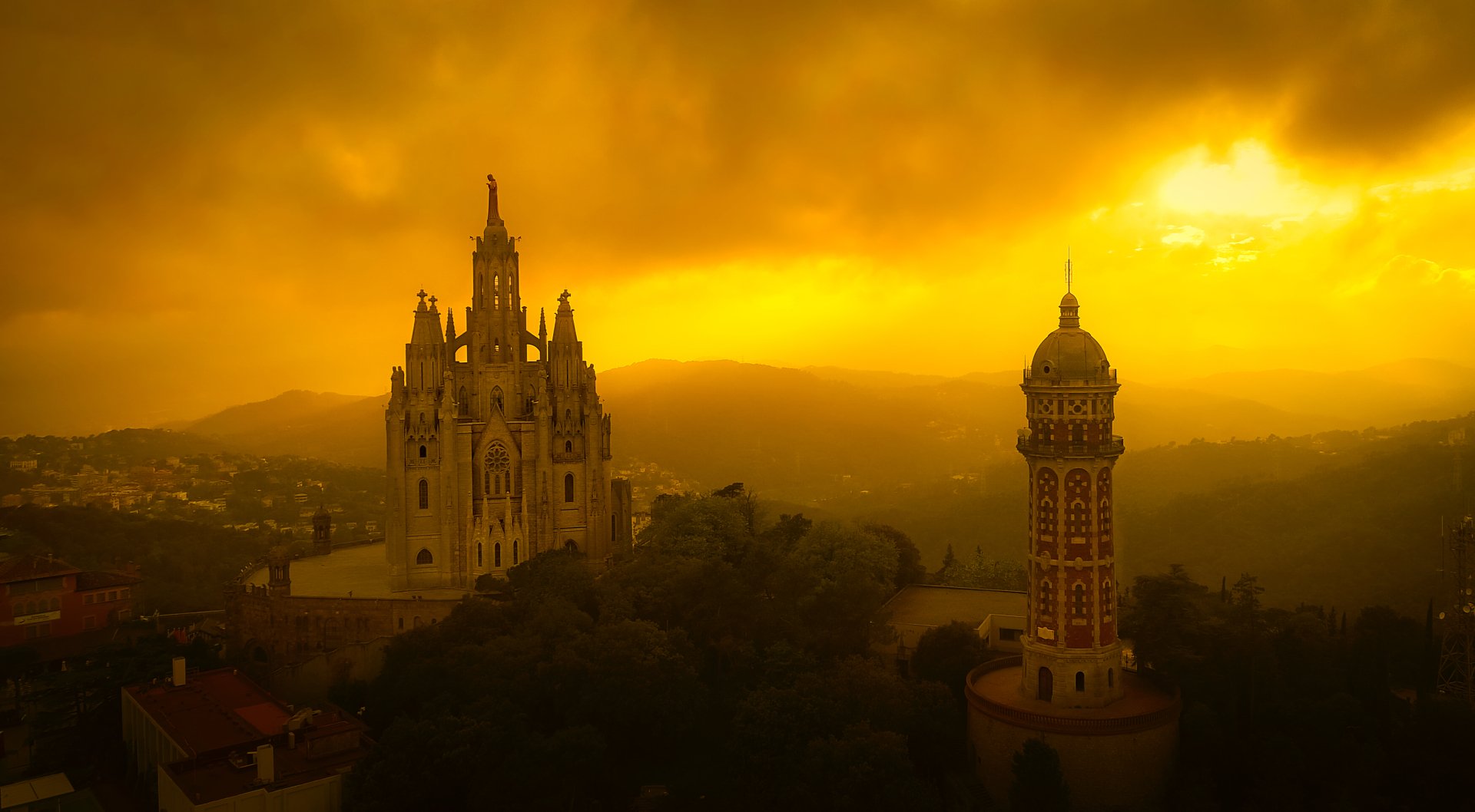 Download Sunset Panorama Tibidabo Cathedral Man Made Barcelona HD Wallpaper
