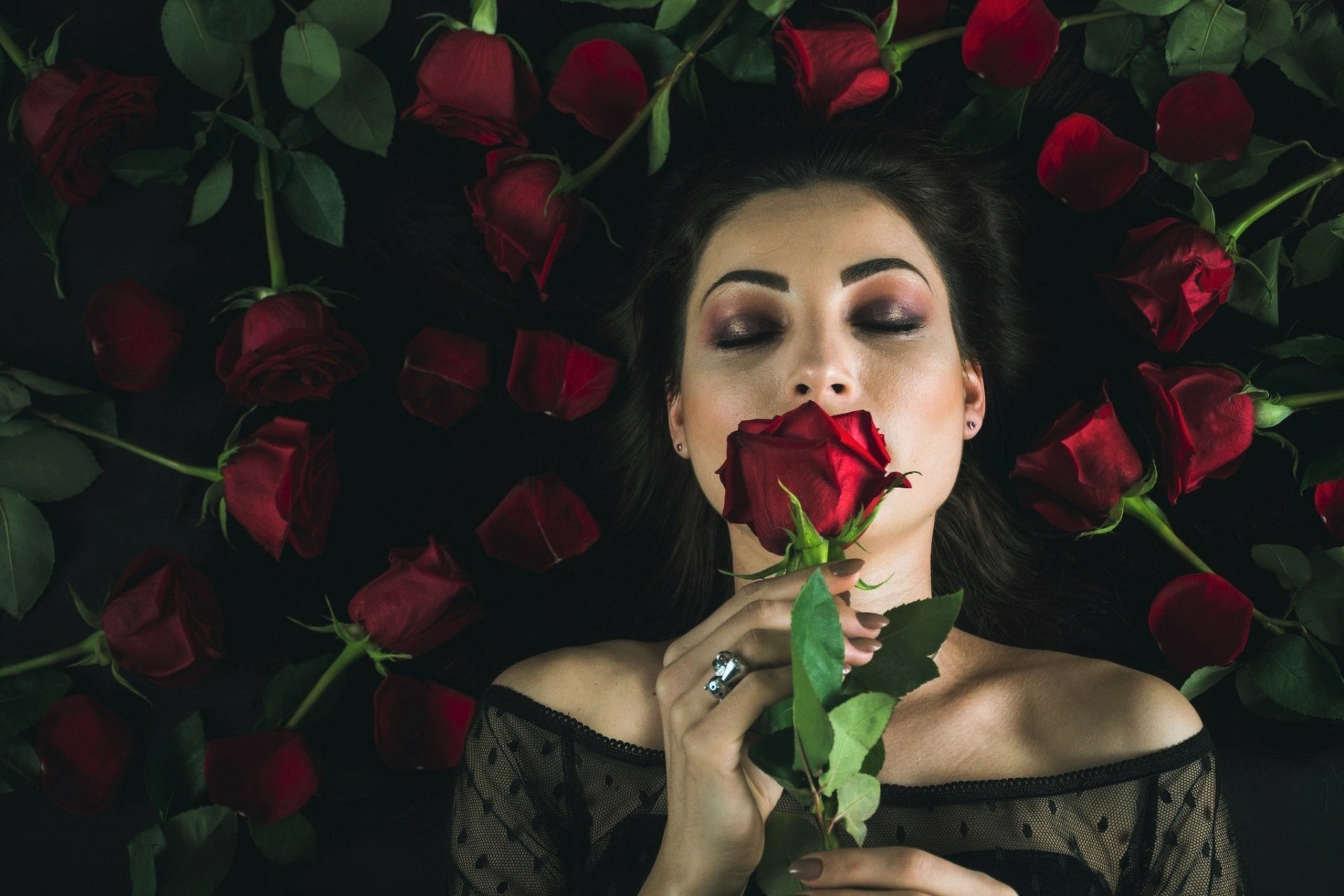Download Red Flower Lying Down Brunette Red Rose Rose Flower Woman Mood ...