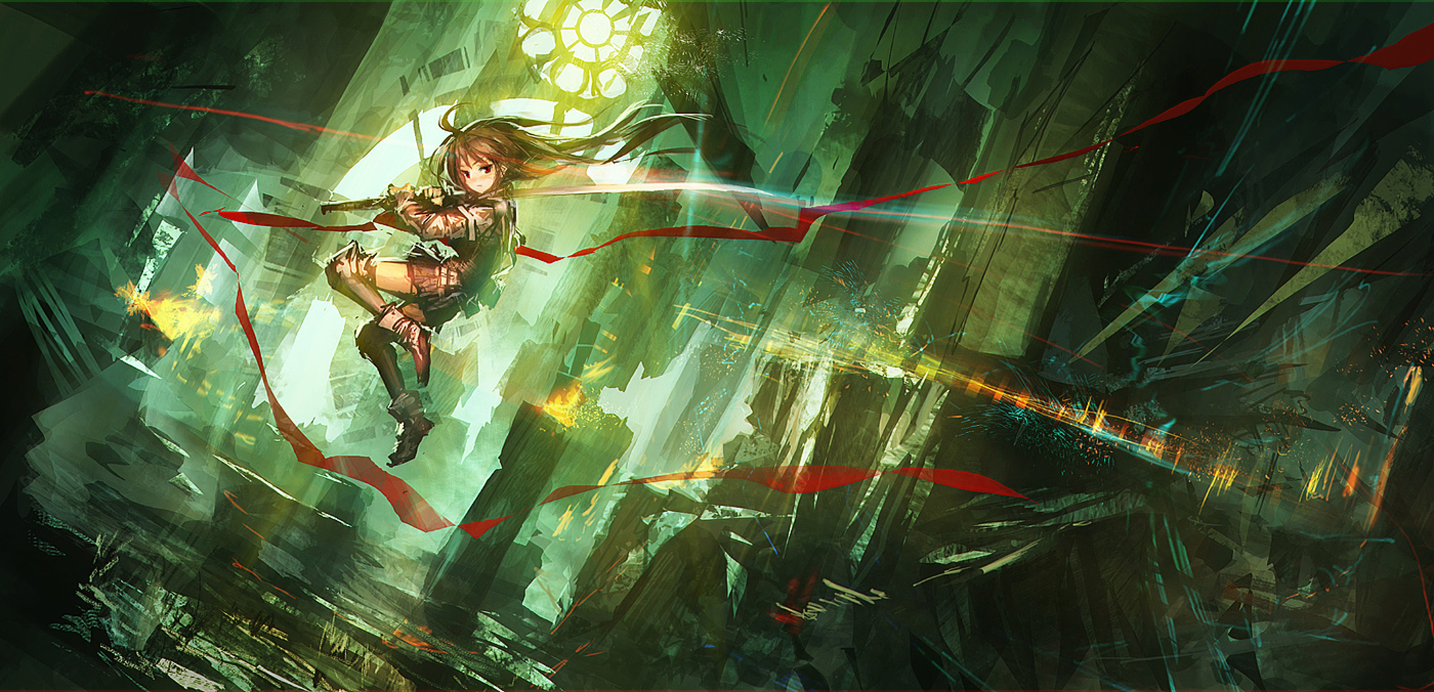 Download Long Hair Building Ruin Sword Anime Original Wallpaper by _LM7_
