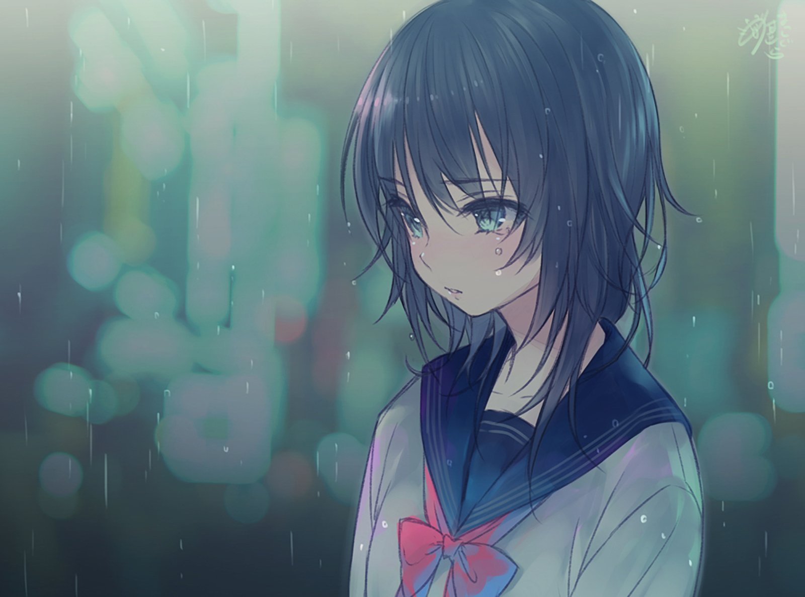 Download Blur Black Hair Rain School Uniform Blue Eyes Anime Original ...