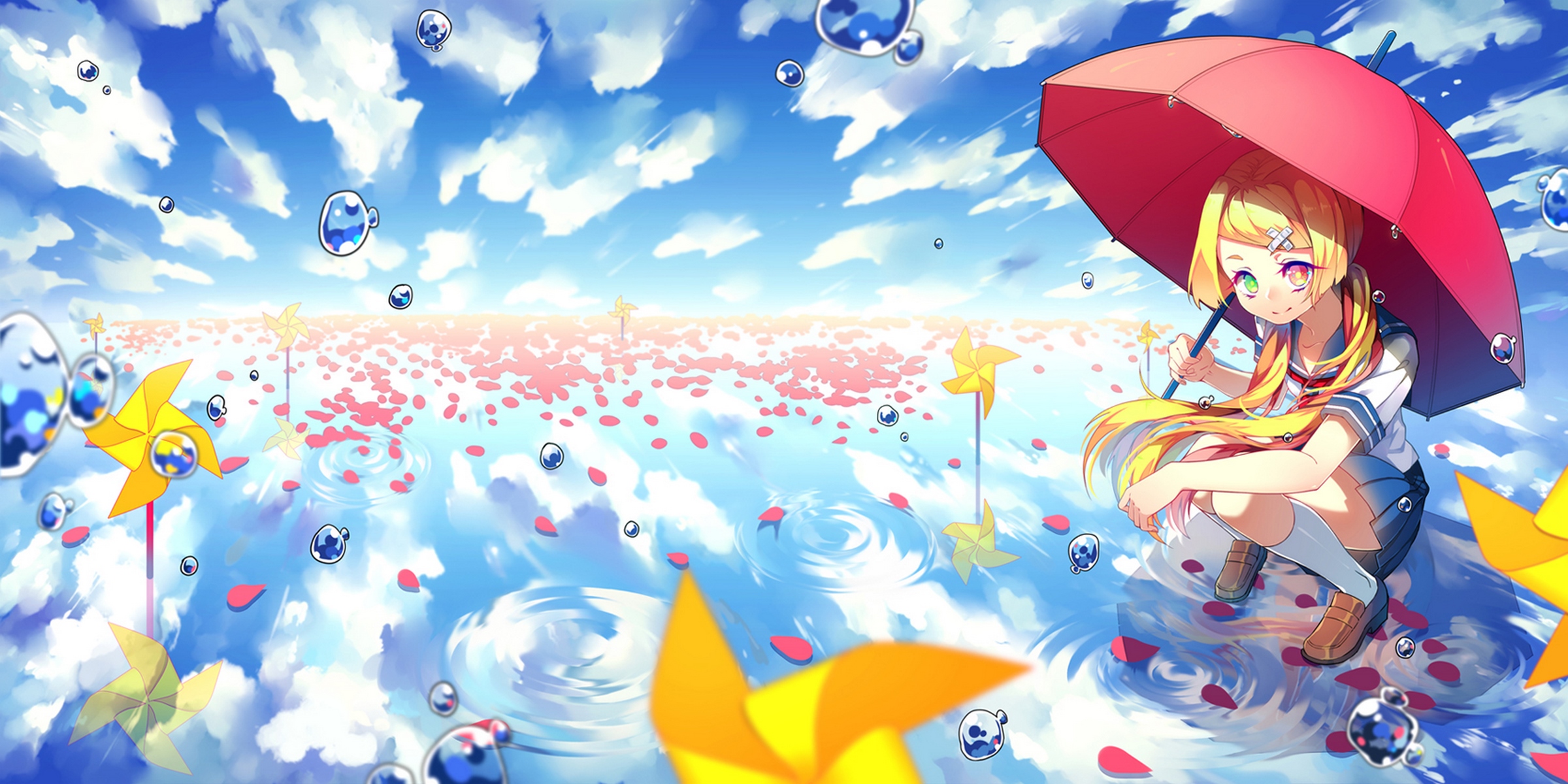 Blonde Anime Girl with Heterochromia Under Cloudy Sky and Rainy Umbrella