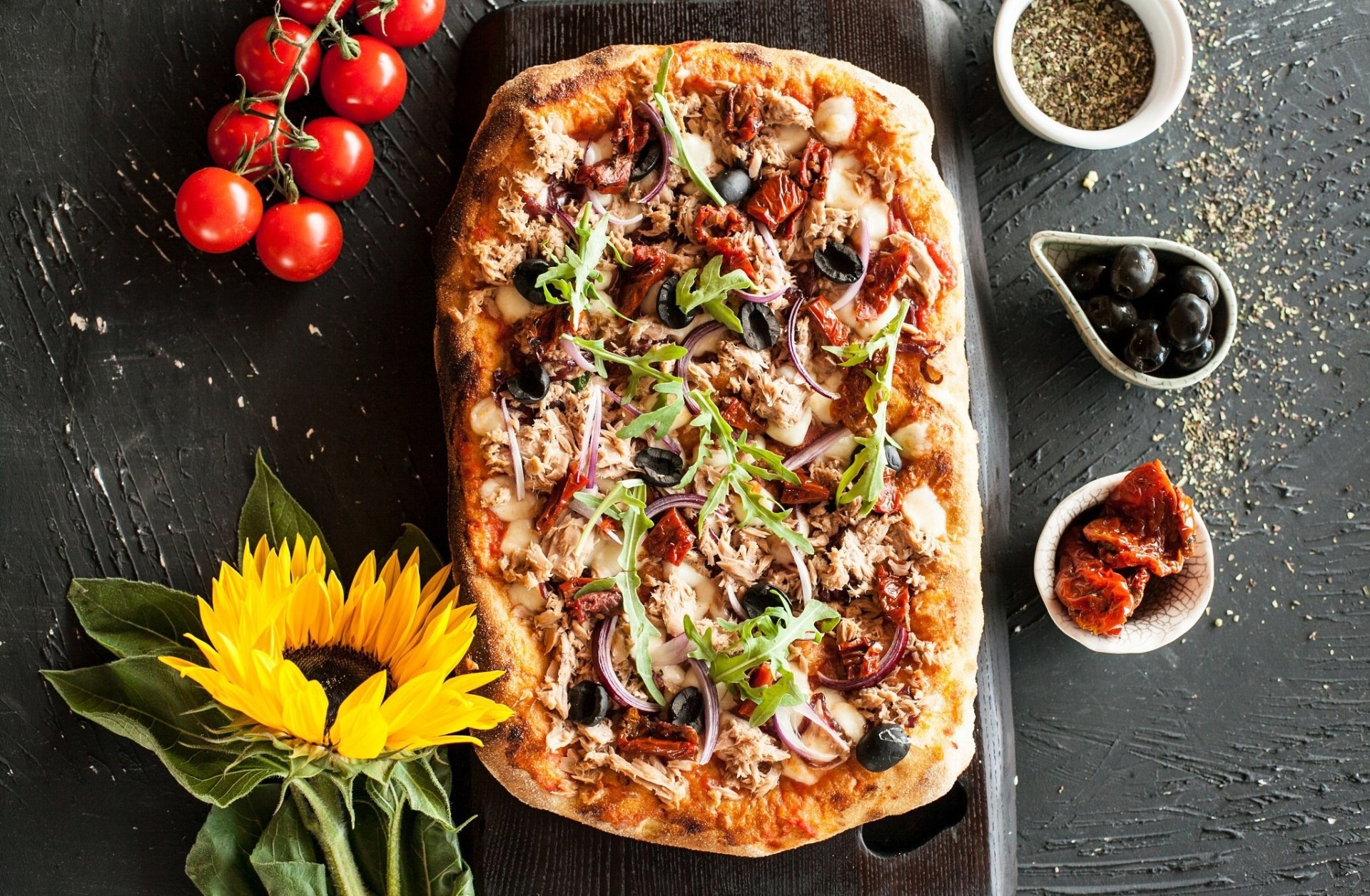 Download Tomato Flower Still Life Sunflower Food Pizza HD Wallpaper