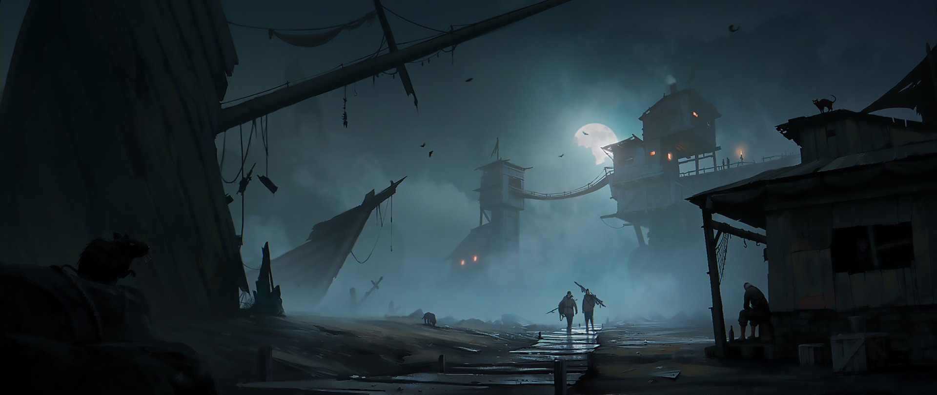 Moonlit Fog Bridge: A Dark Fantasy Night HD Wallpaper by Andrei Kotnev