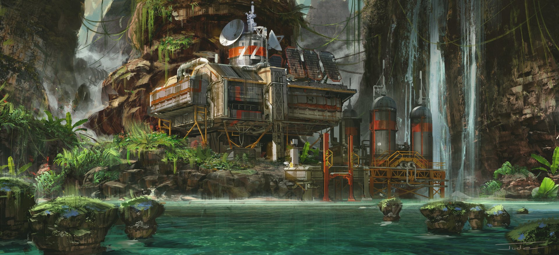 Futuristic Outpost by the Waterfall: A 4K Sci-Fi Exploration Scene by Jude Smith