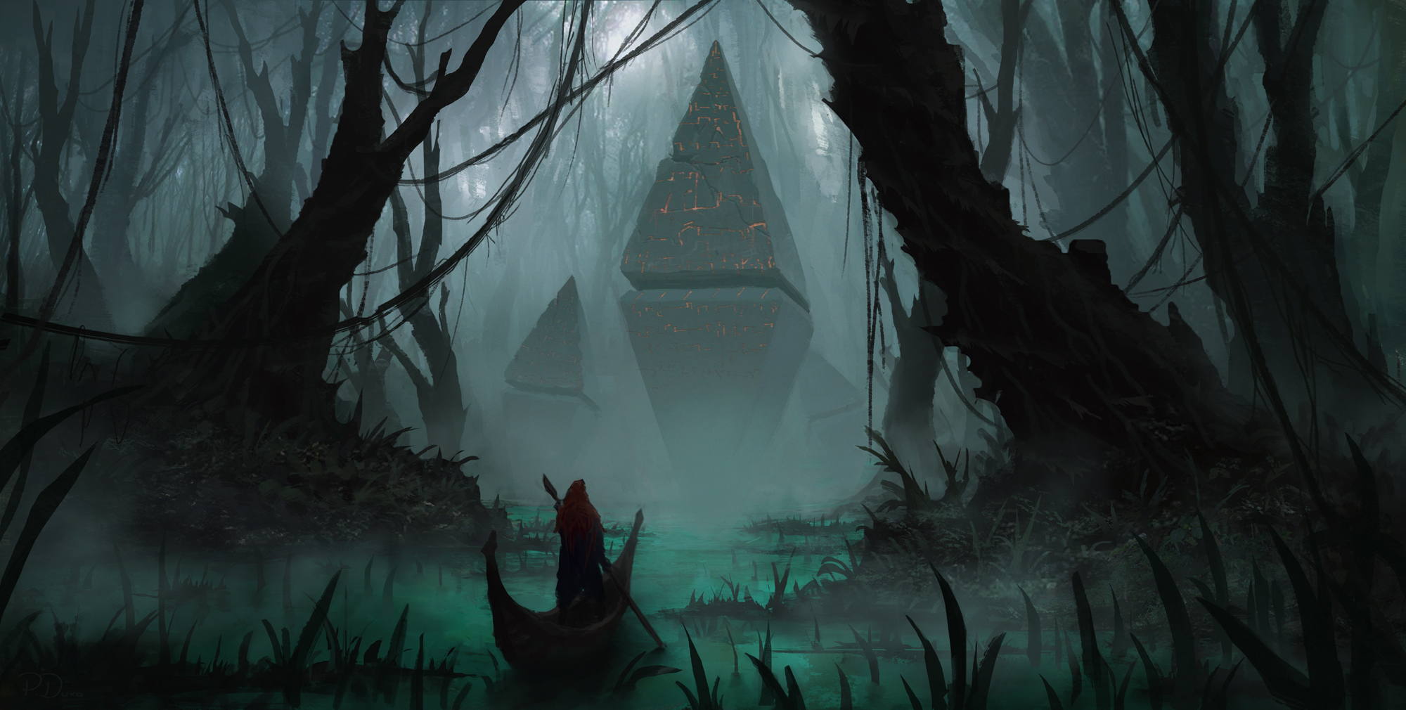 Download Boat River Fog Dark Fantasy Forest Dark Fantasy Wallpaper by ...