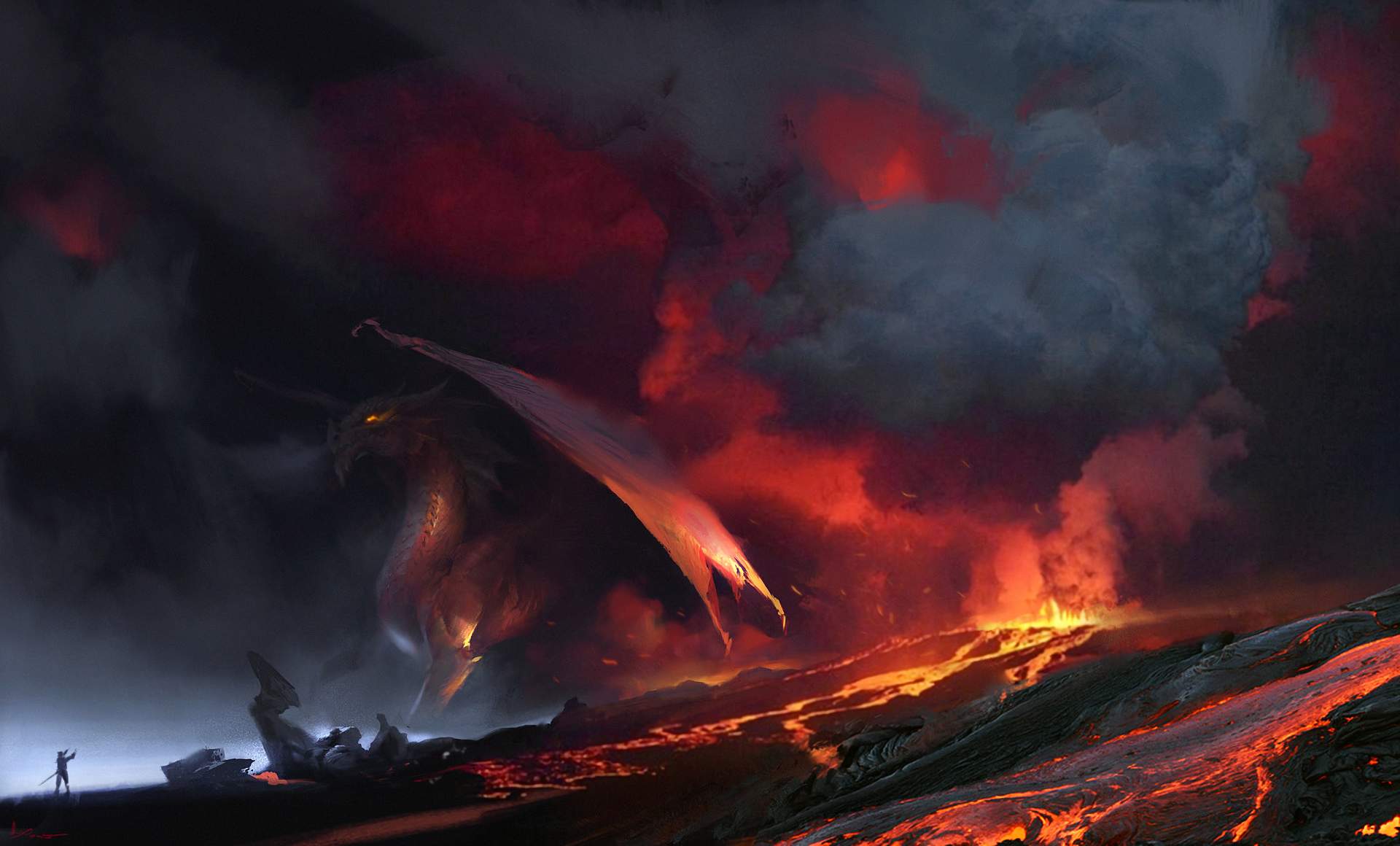 Dark Fantasy Dragon Over Fiery Lava Smoke - Epic HD Landscape Wallpaper ...