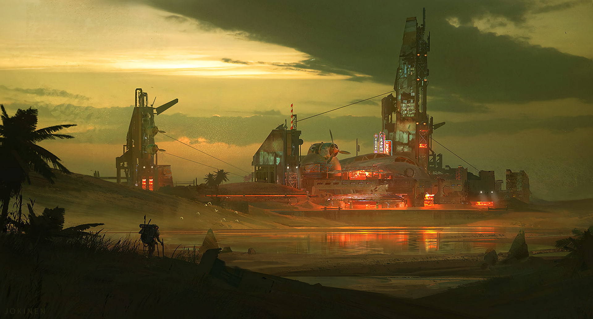 Neon Twilight Skyline: Sci-Fi Cityscape HD Wallpaper by Juhani Jokinen