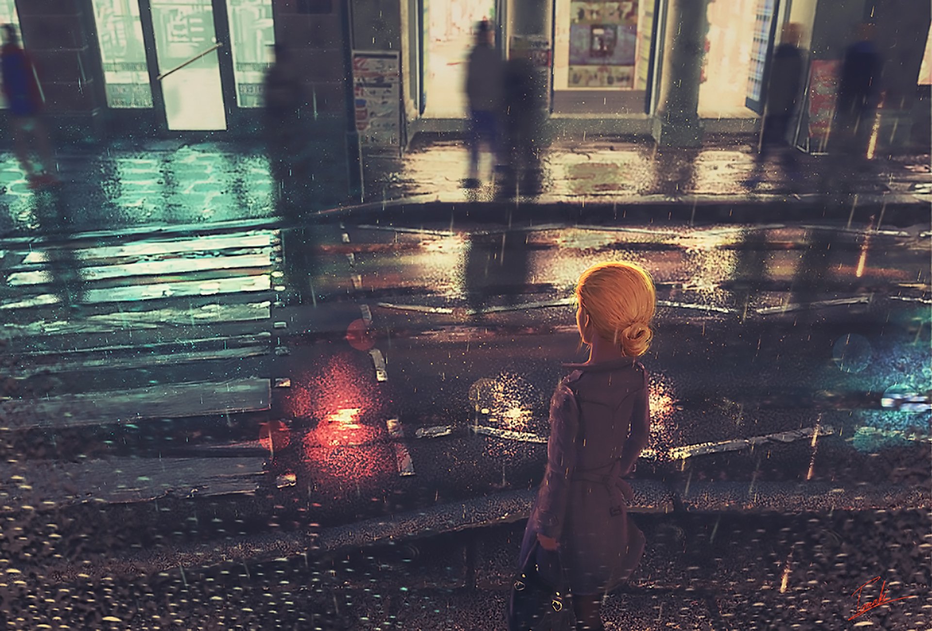 Blonde in Rainy Street Reflection - Anime HD Wallpaper by Tamaki