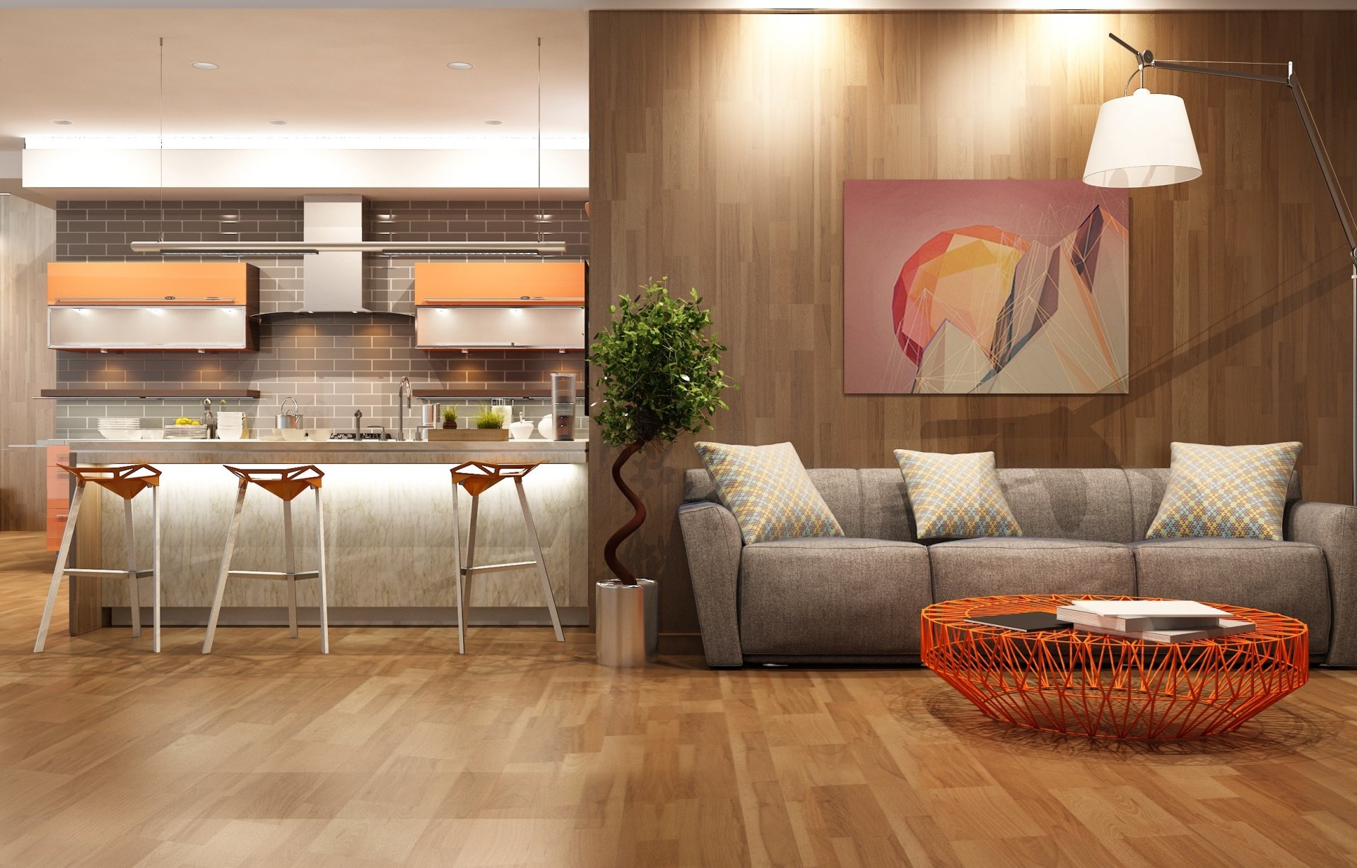 Modern Living Room & Kitchen HD Wallpaper: Sleek Furniture & Stylish Design