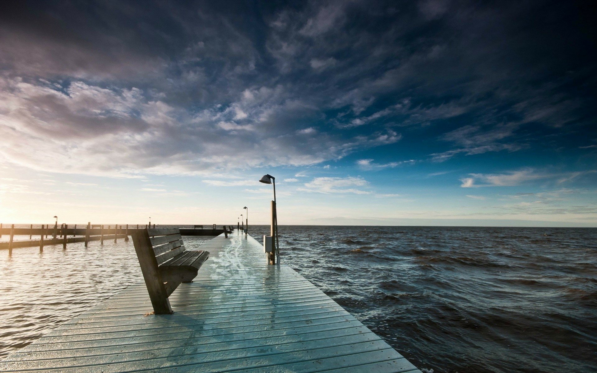 Ocean Wave Horizon: Serene Pier Bench at Sunrise HD Wallpaper ...