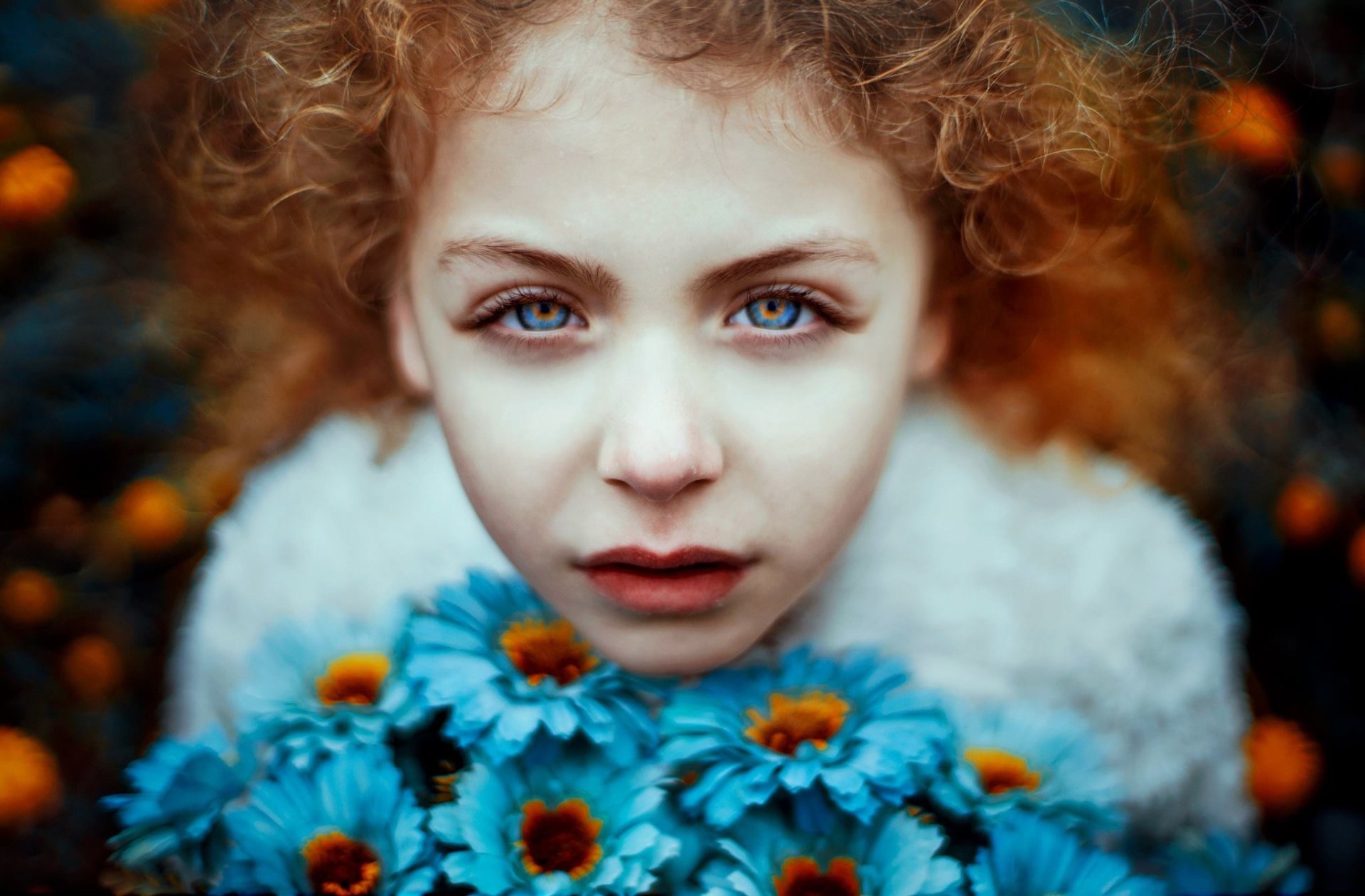 Download Stare Blue Flower Redhead Blue Eyes Model Woman Face Hd
