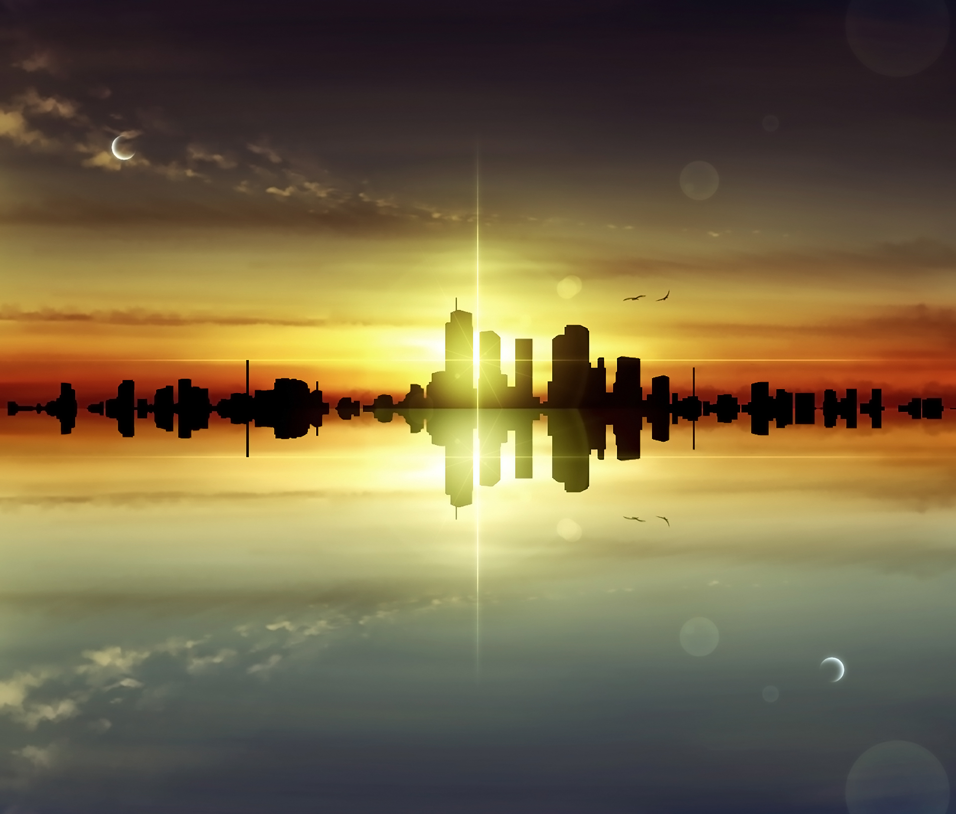 Download Reflection City Sunset Lake Anime Original Anime Sunset HD ...