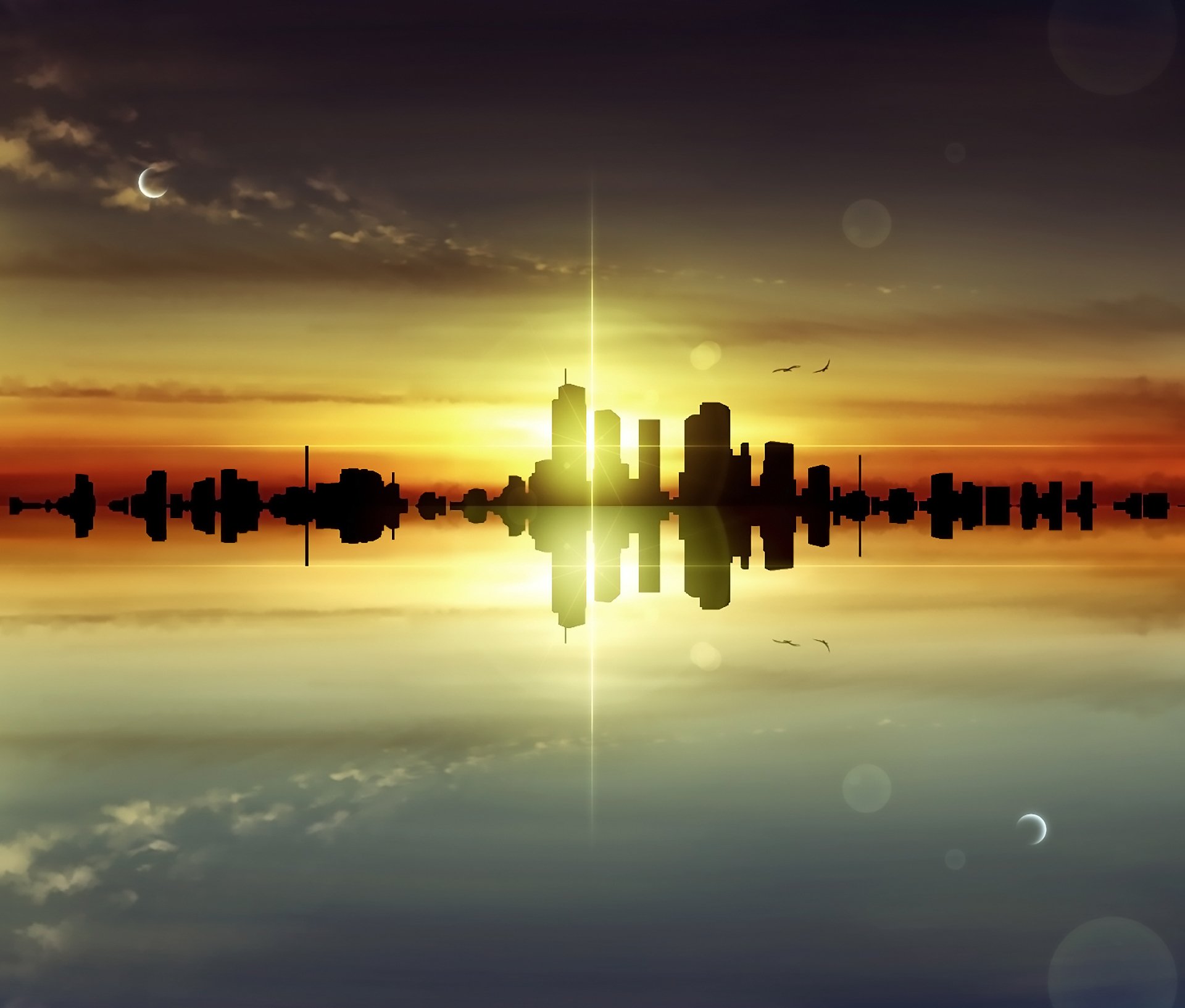 Mirror Lake Skyline — Anime City Sunset (HD Wallpaper) by Nengoro(ネんごろぅ ...