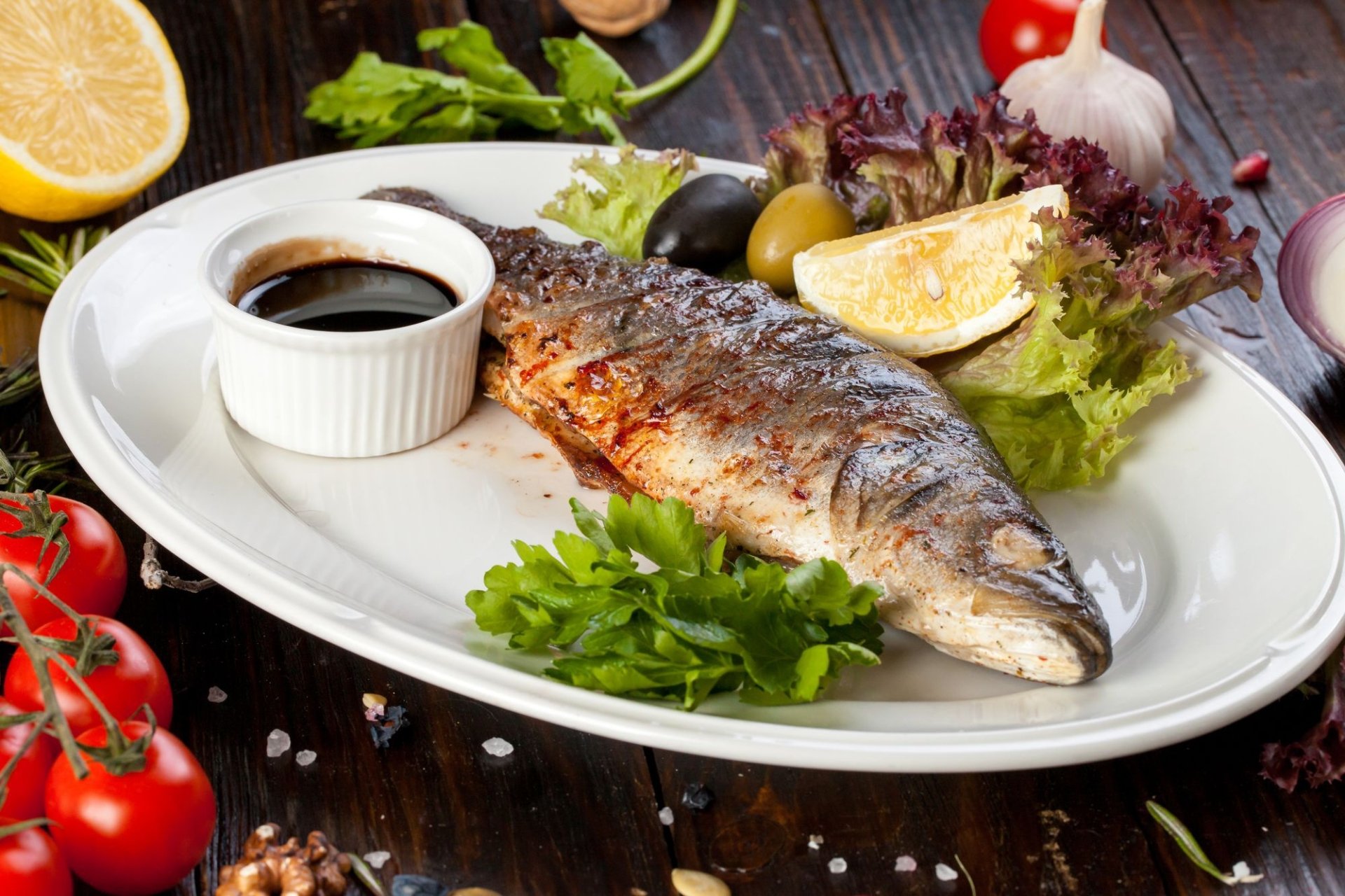 Elegant Seafood Still Life: HD Fish Feast on a Plate