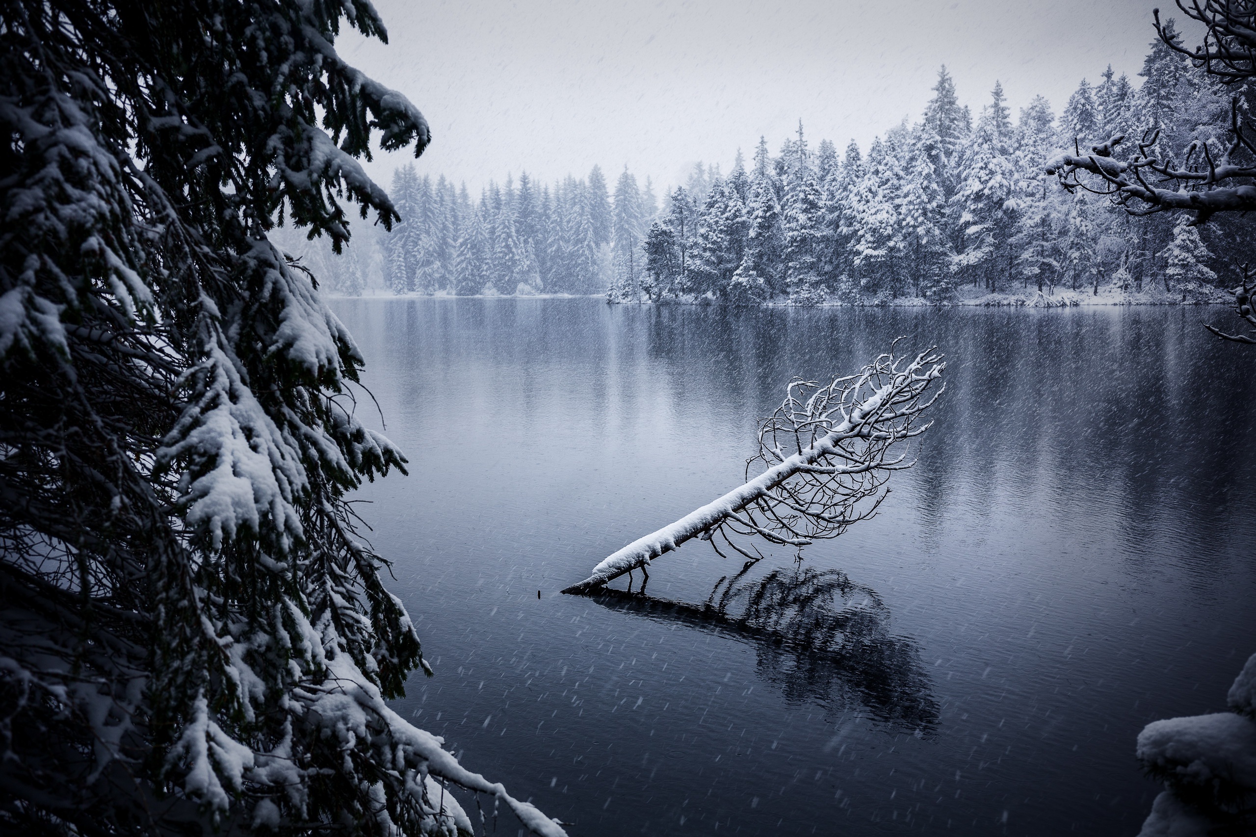 Winter Serenity: Snowfall Over a Tranquil Lake in HD Nature Wallpaper