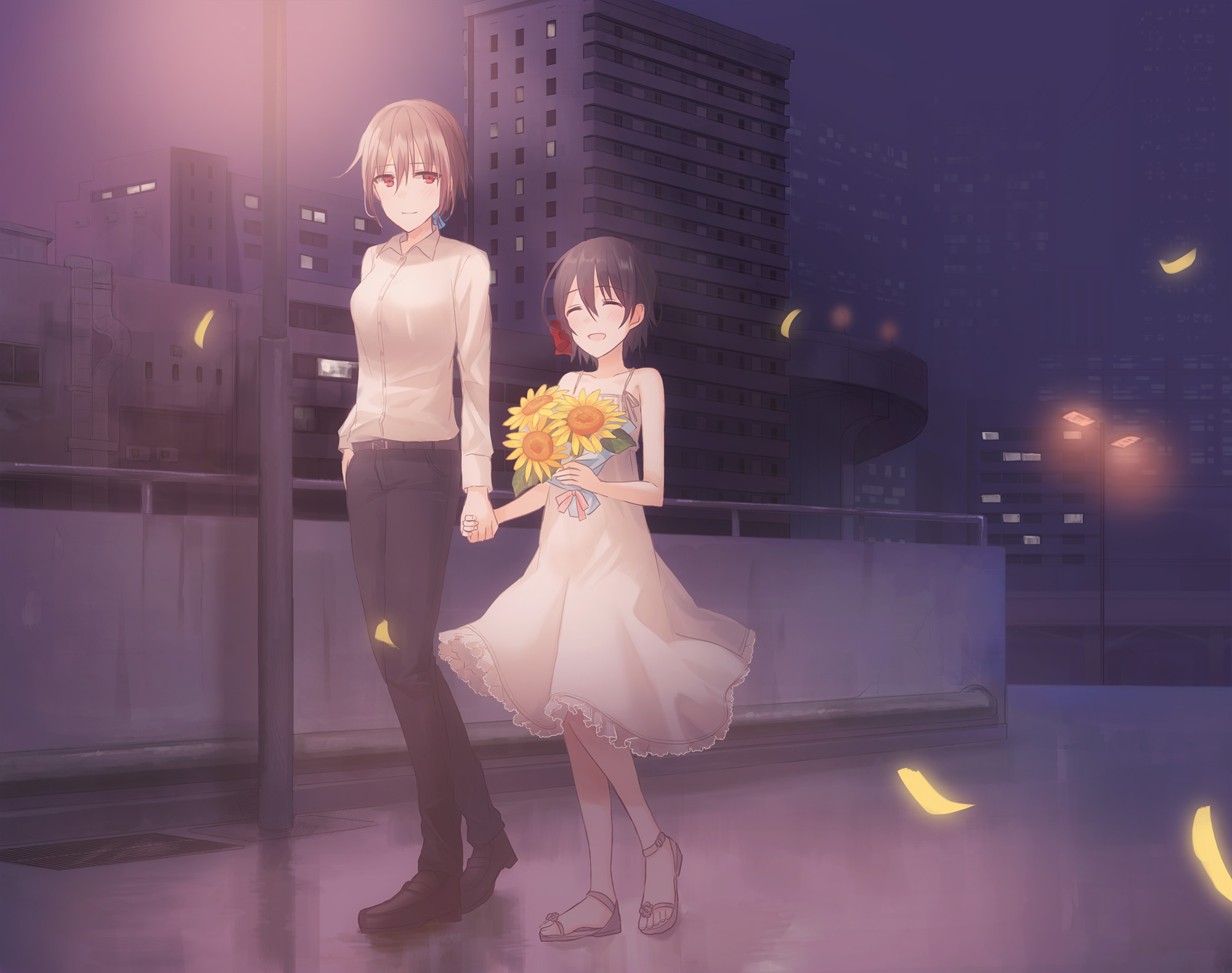 Download Flower Summer Sunflower City Night Anime Original Anime Night ...