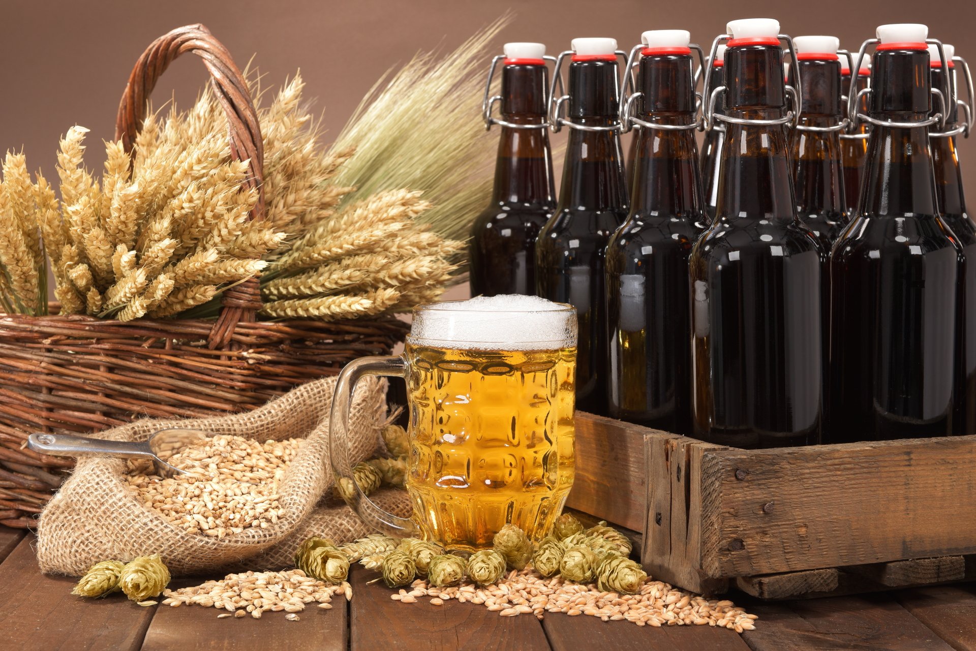 Golden Brew: 8K Ultra HD Still Life of Beer, Bottles & Barley Harvest