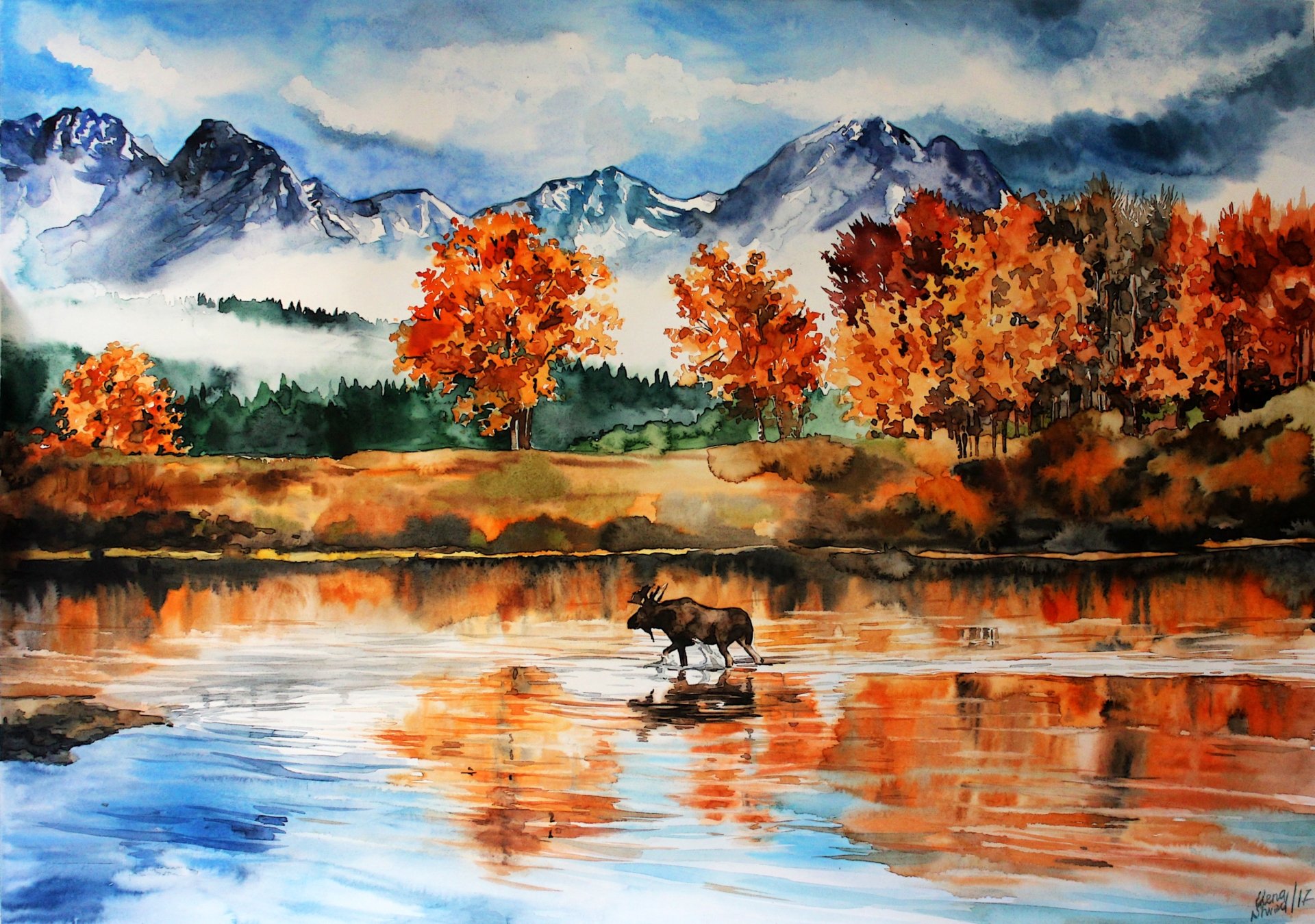 Autumn Elk: Watercolor Serenity - HD Wallpaper by ElenaShved