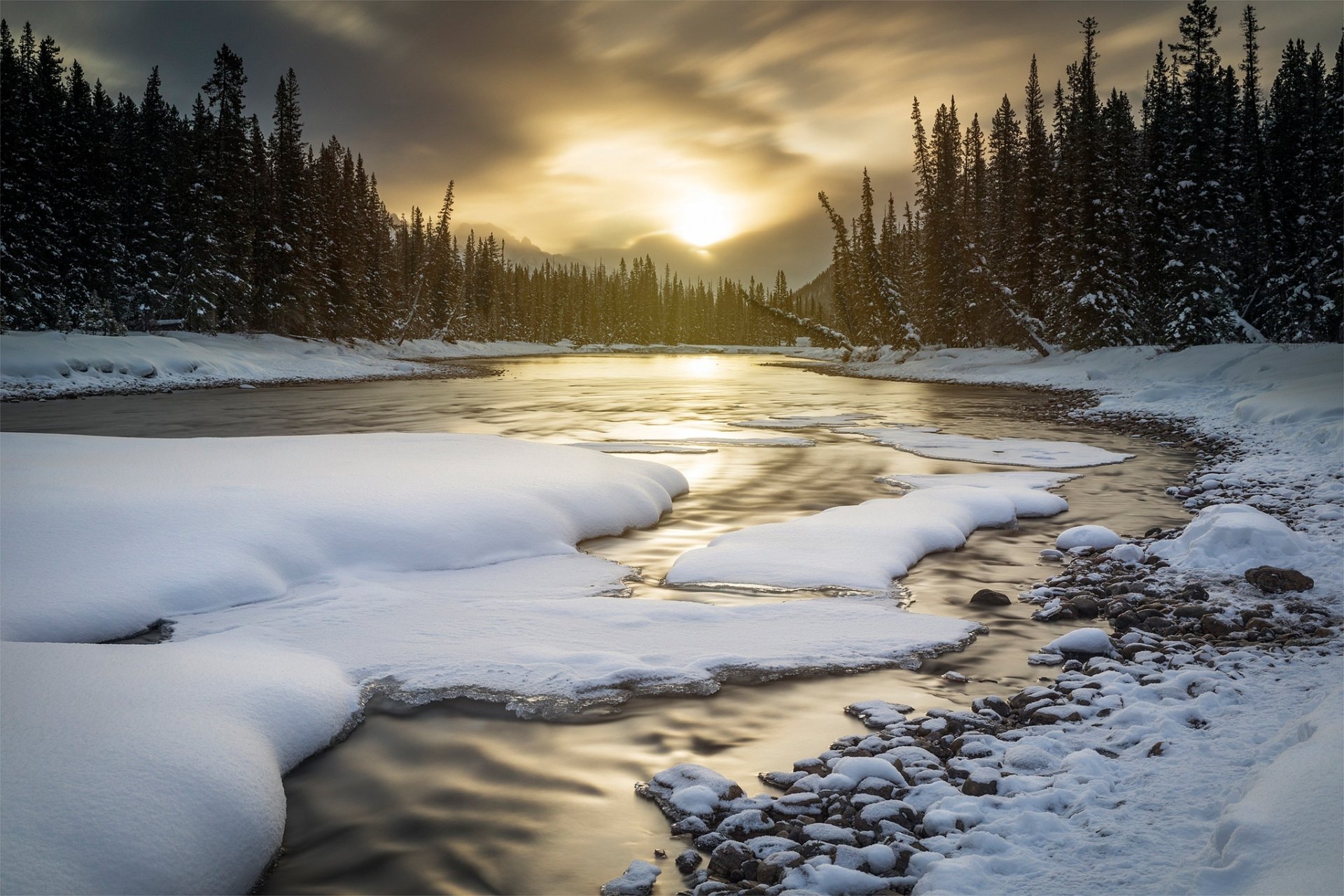Download Sunrise Snow Winter Nature River HD Wallpaper