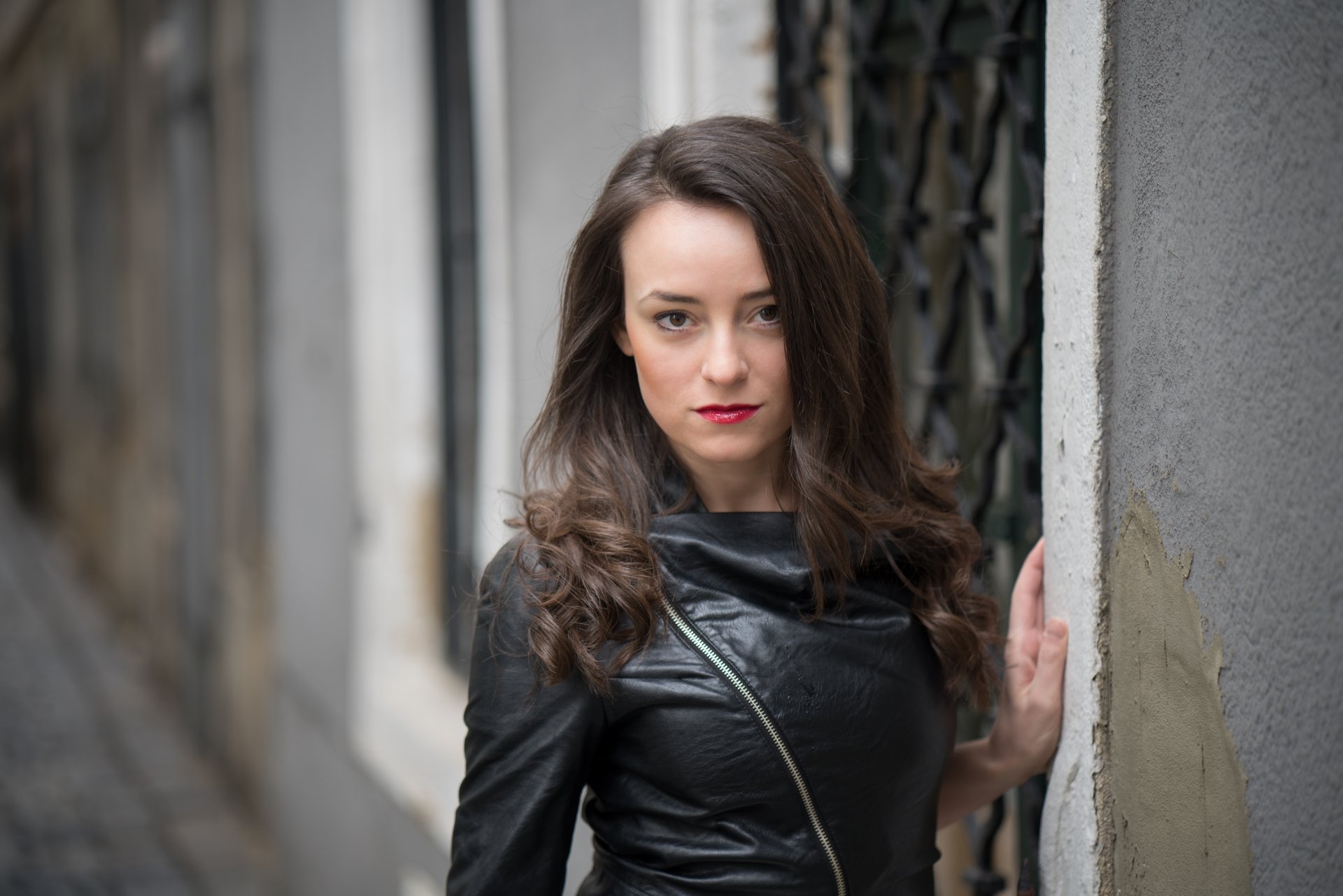 Download Depth Of Field Lipstick Brown Eyes Leather Jacket Brunette ...