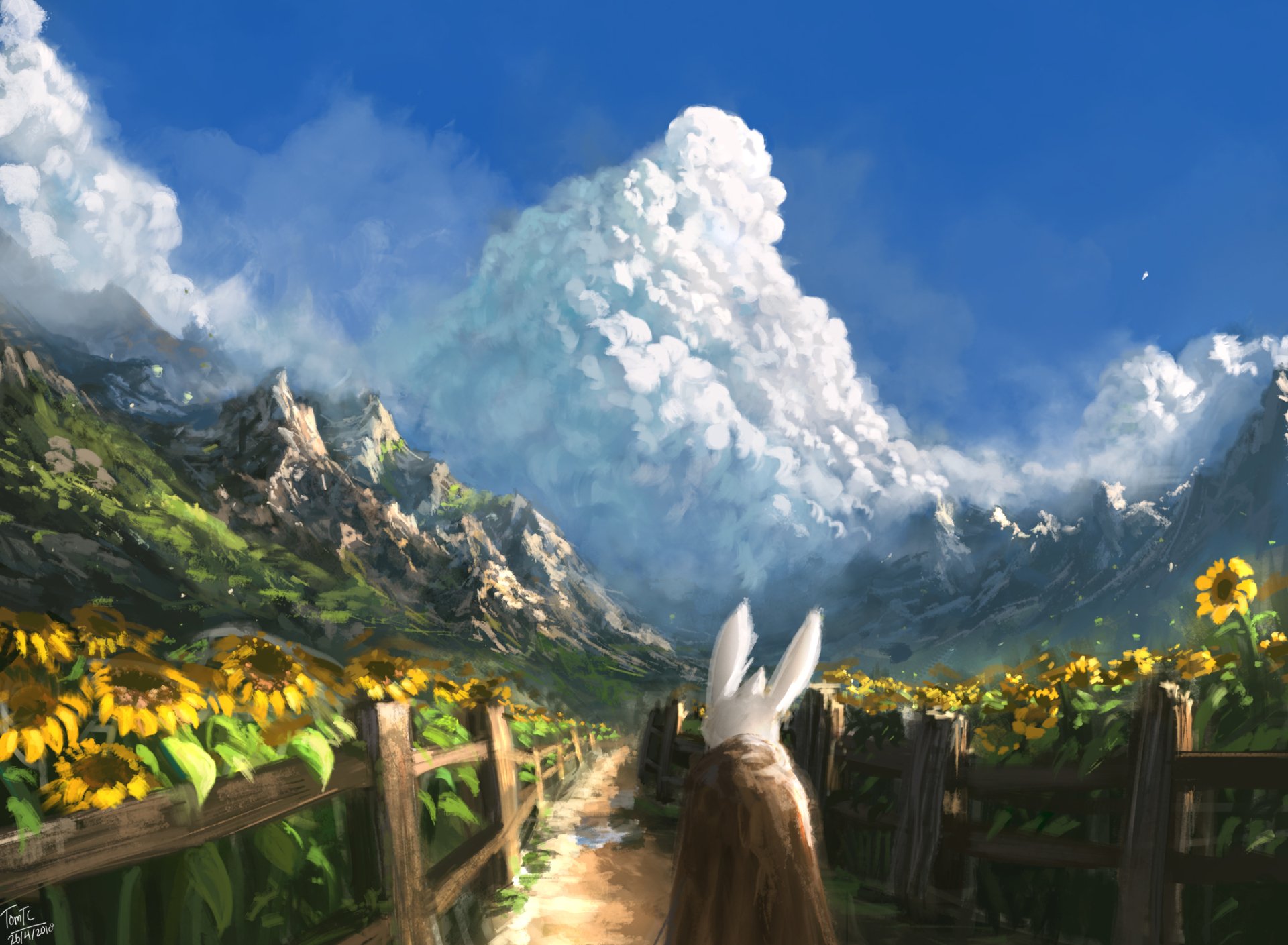 Sunlit Path: Fantasy Rabbit Wanders Through a Blooming Sunflower Field ...