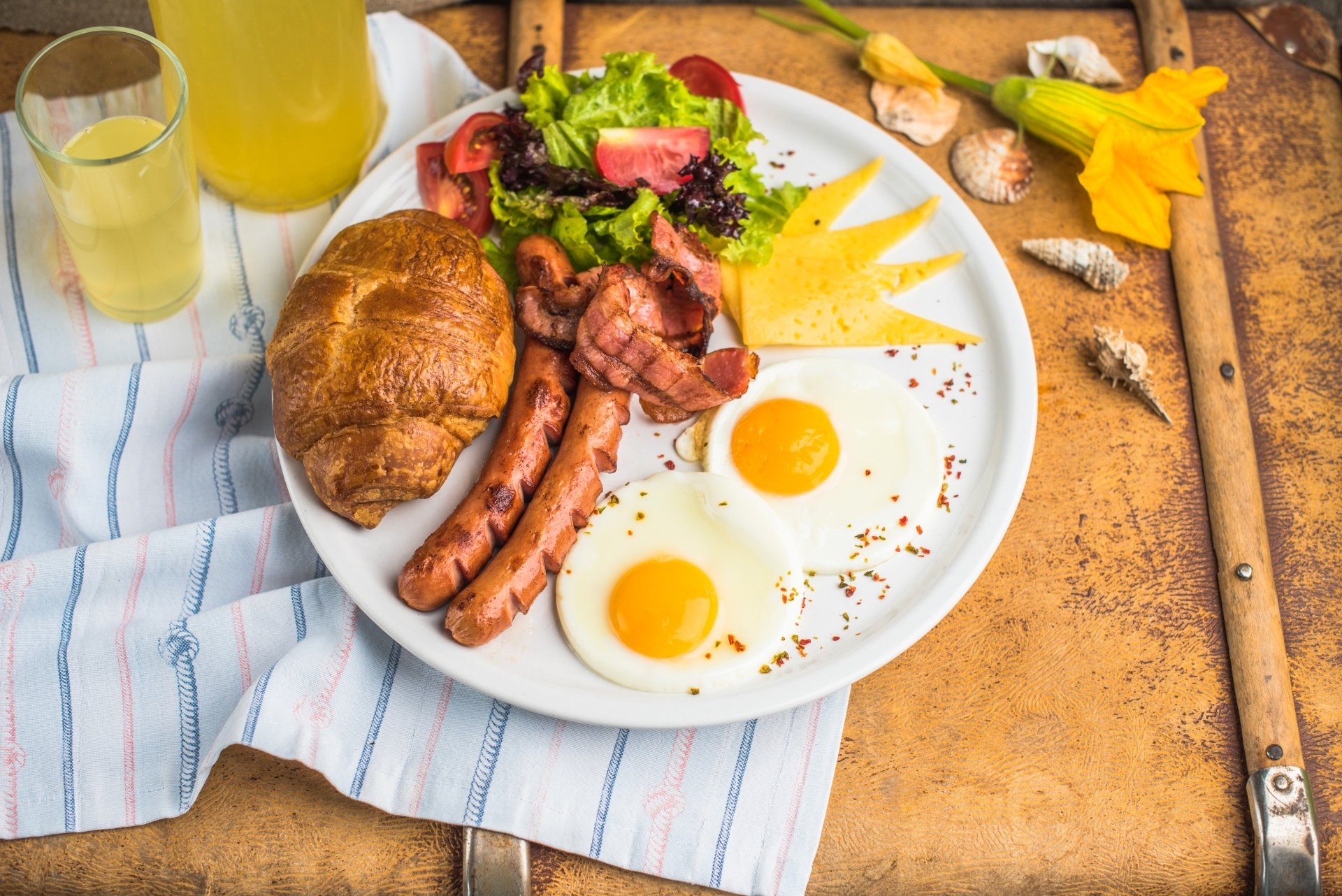 4K Ultra HD Breakfast Still Life — Sunny Eggs, Sausage & Croissant ...