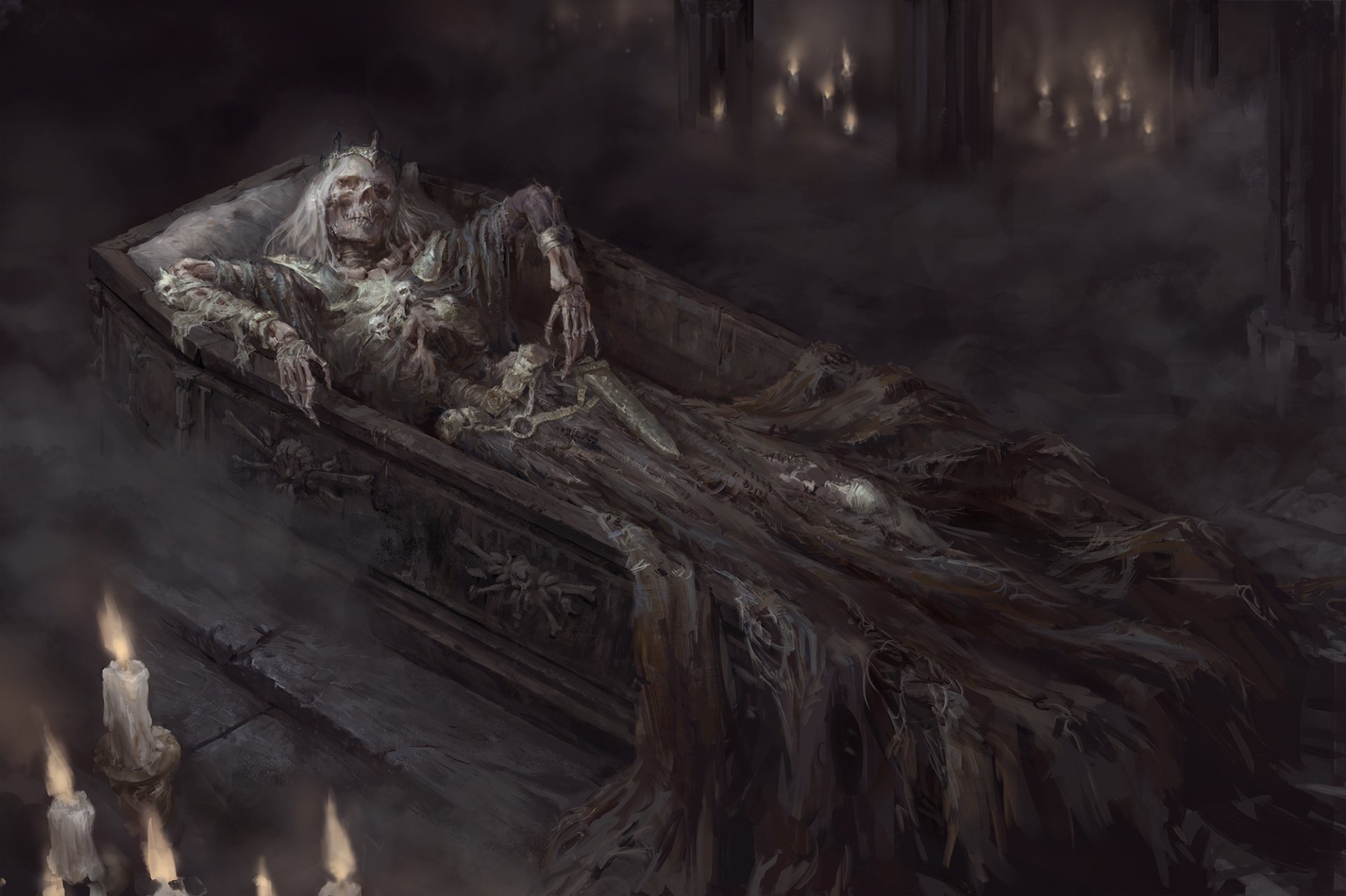 Dark Reverie: Skeleton's Candlelit Rest – HD Wallpaper by Llyncis