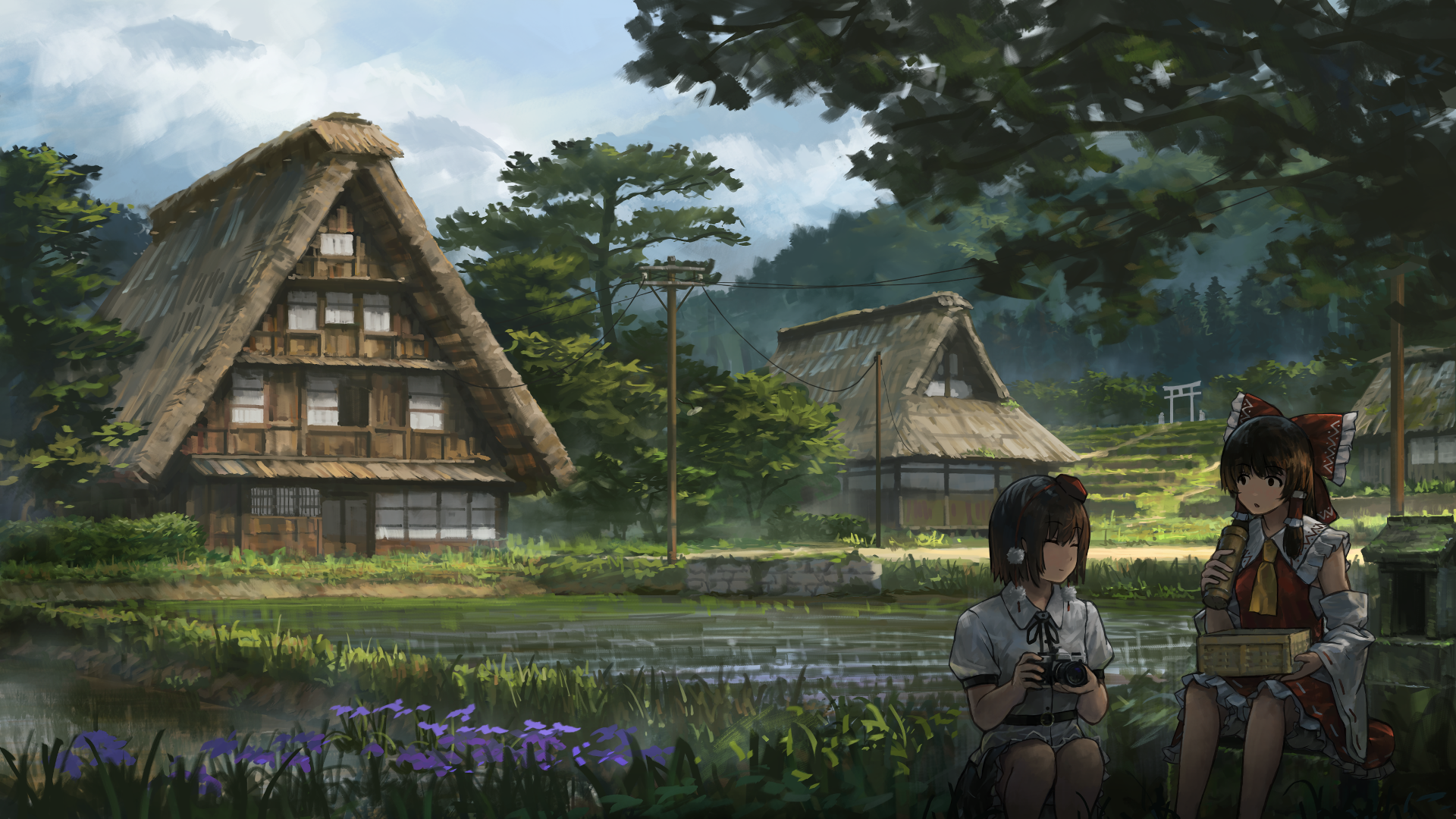Touhou HD Wallpaper: Aya Shameimaru & Reimu Hakurei in Serene Village Scene