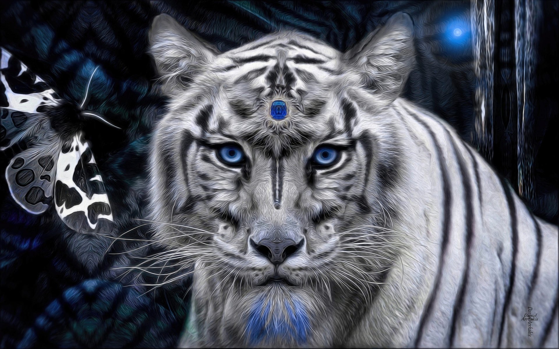 Mystic Gaze: The Blue-Eyed White Tiger Fantasy HD Wallpaper