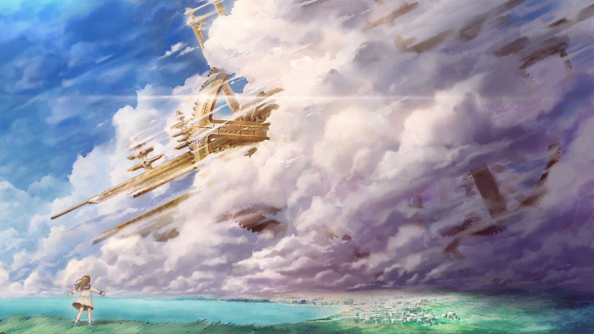 Anime Dreamscape: Long-Haired Girl Meets Majestic Ship in Clouds - HD ...