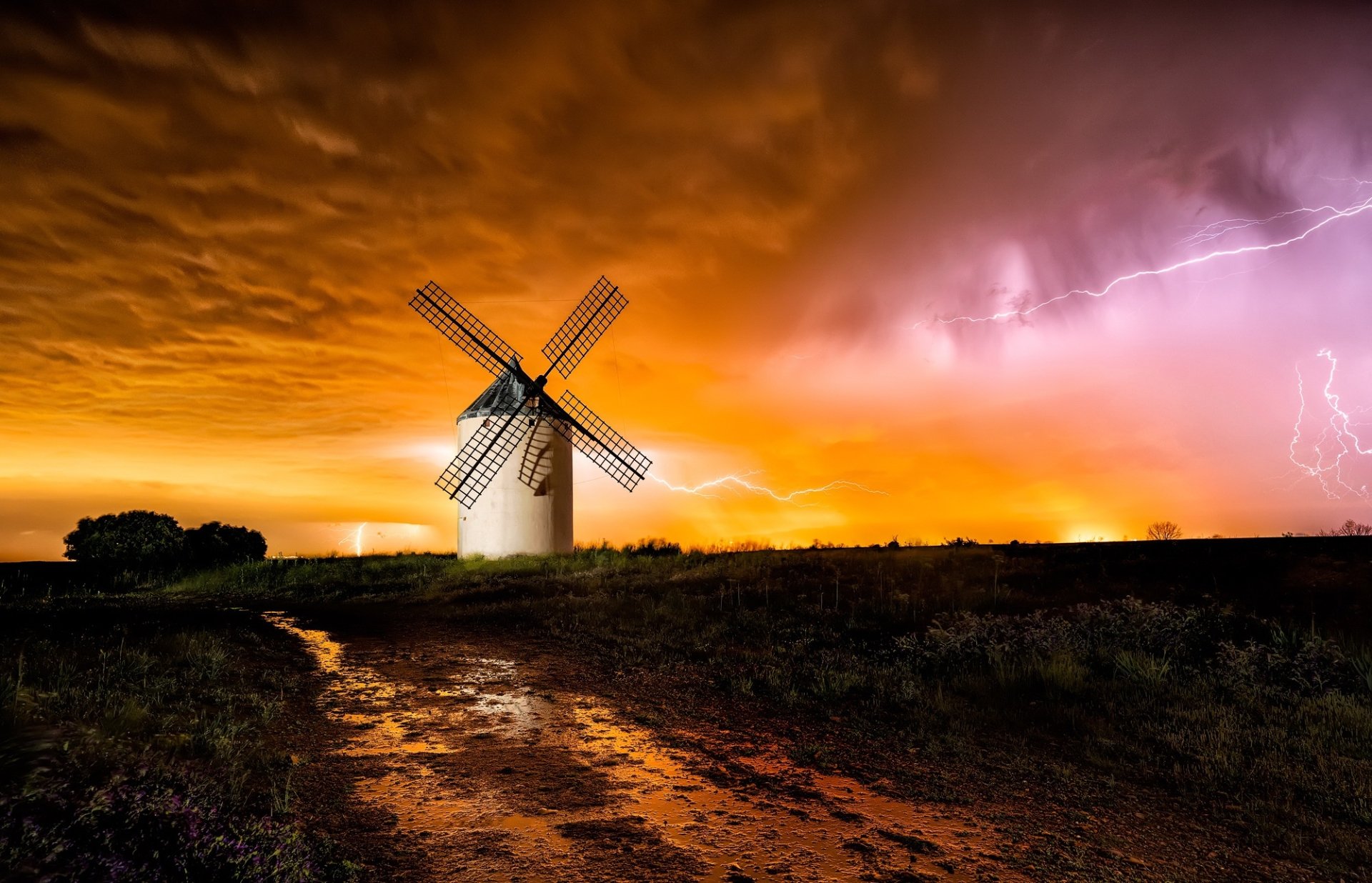 Download Lightning Cloud Man Made Windmill HD Wallpaper