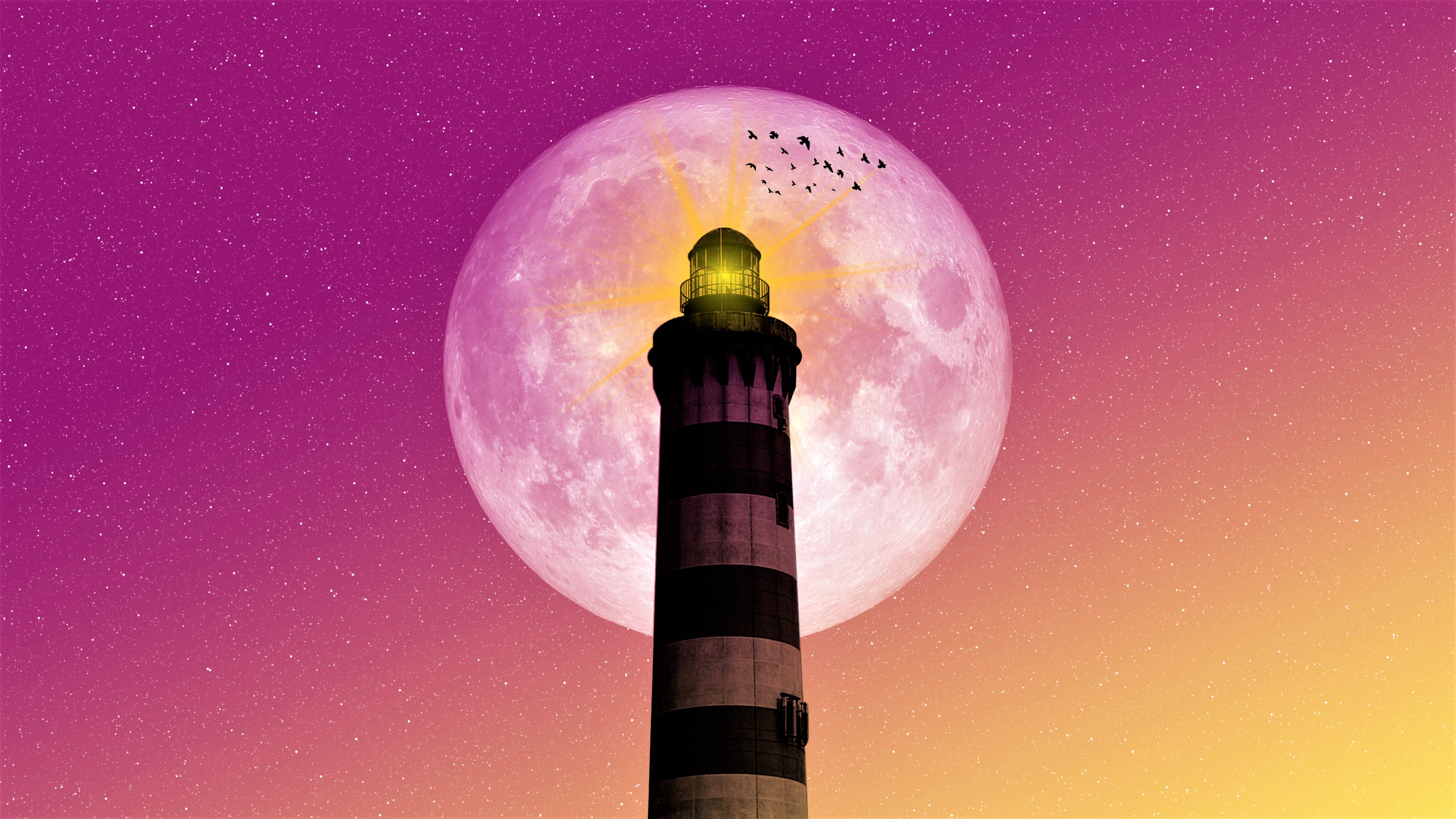 Download Star Bird Light Moon Artistic Lighthouse 4k Ultra HD Wallpaper