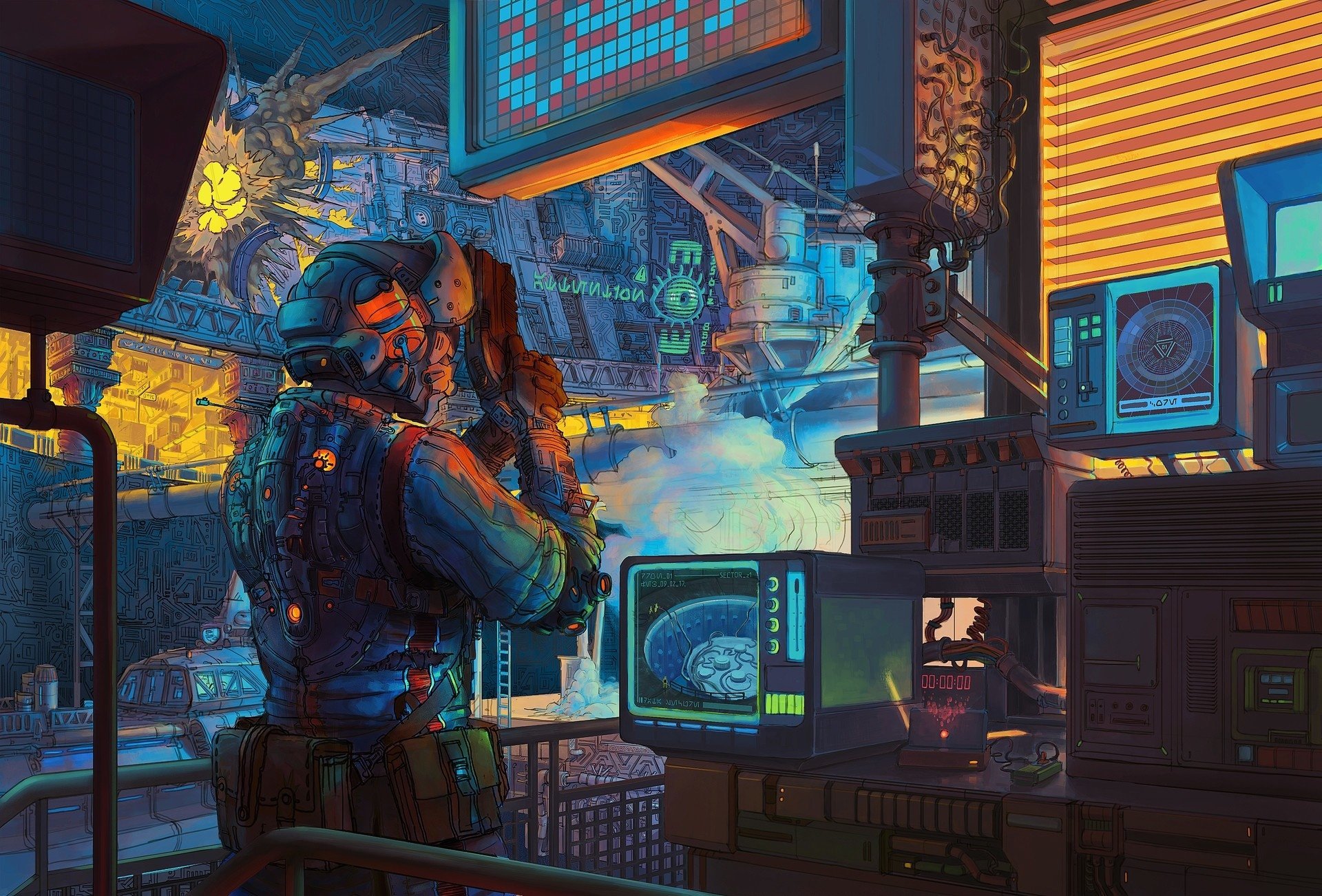 Cyberpunk Warrior: Futuristic Battle HD Wallpaper by Igor Kotsuba