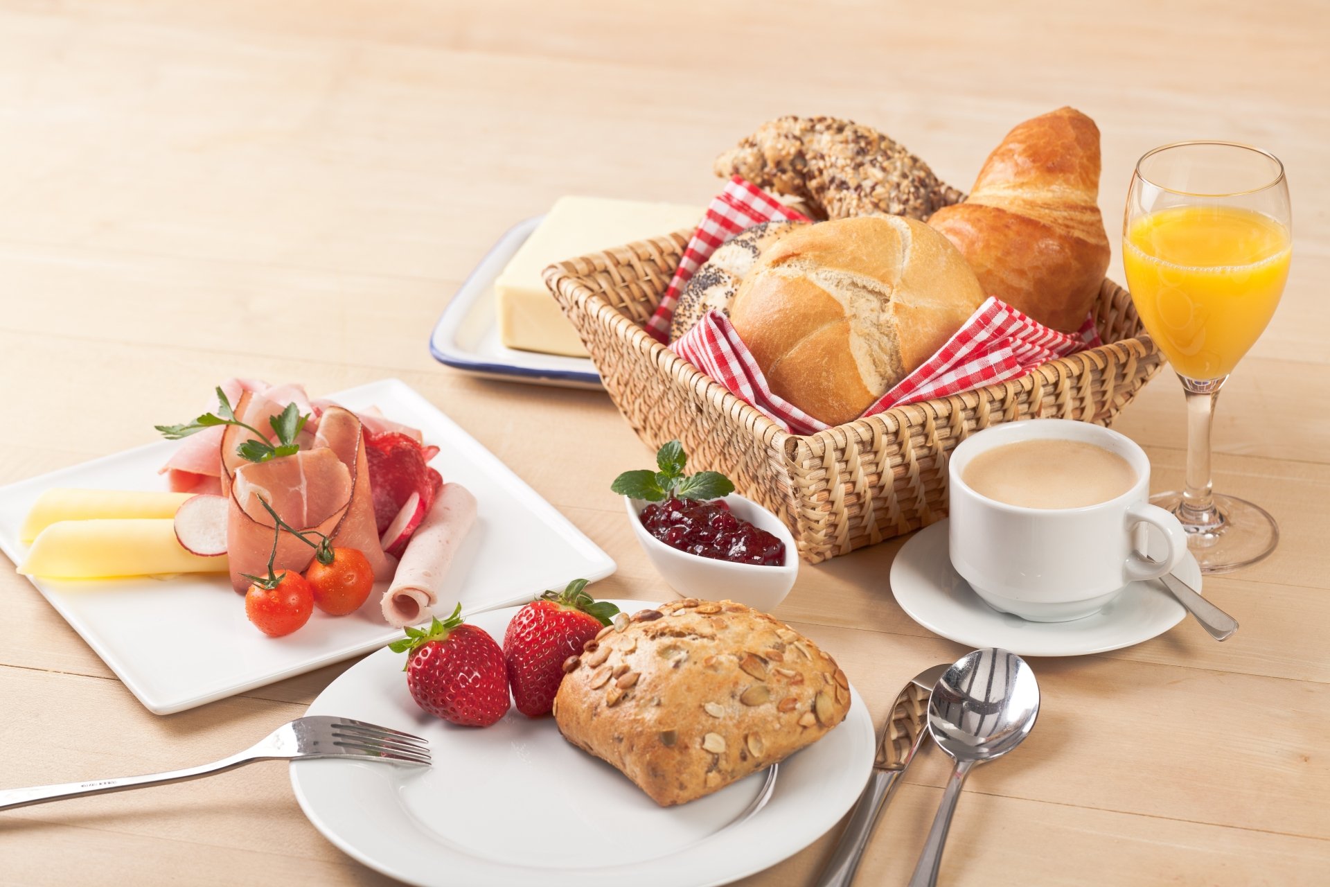 Download Meat Strawberry Coffee Cup Jam Glass Juice Basket Bread Still ...