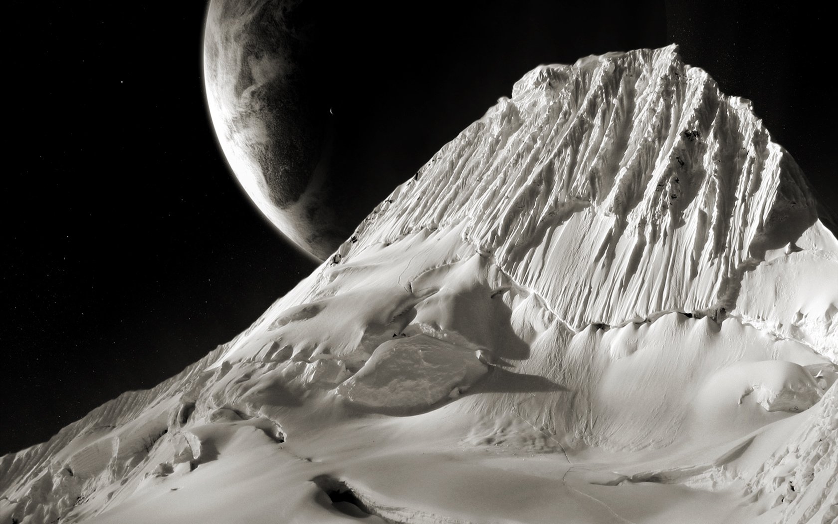 Cosmic Peaks: A Sci-Fi HD Wallpaper of Snowy Mountains and Celestial ...