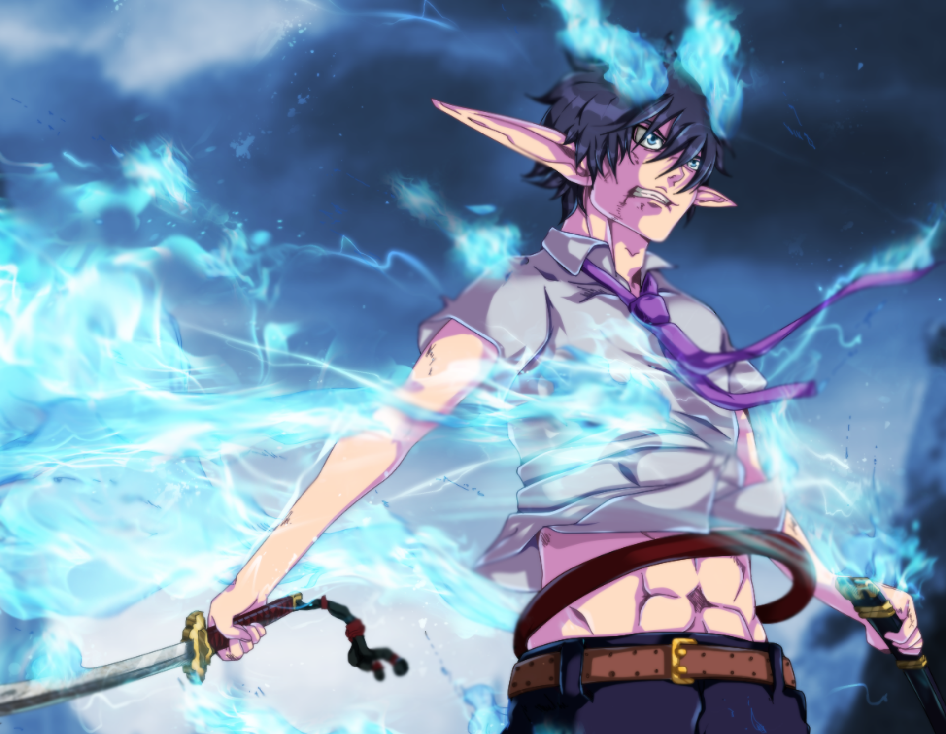 Download Ao No Exorcist Tie Fire Black Hair Pointed Ears Rin Okumura ...