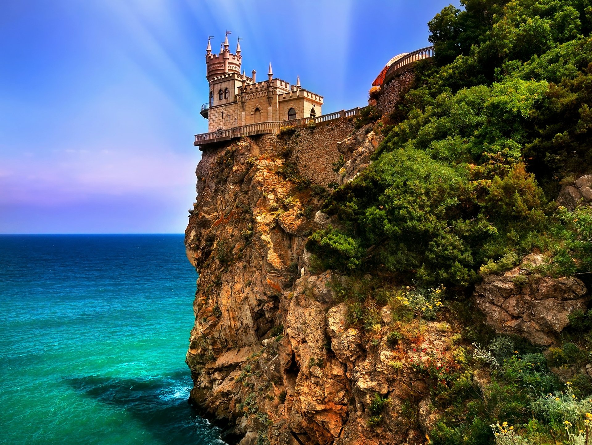 Majestic Russian Castle Perched on Ocean Cliff at Horizon – HD Wallpaper
