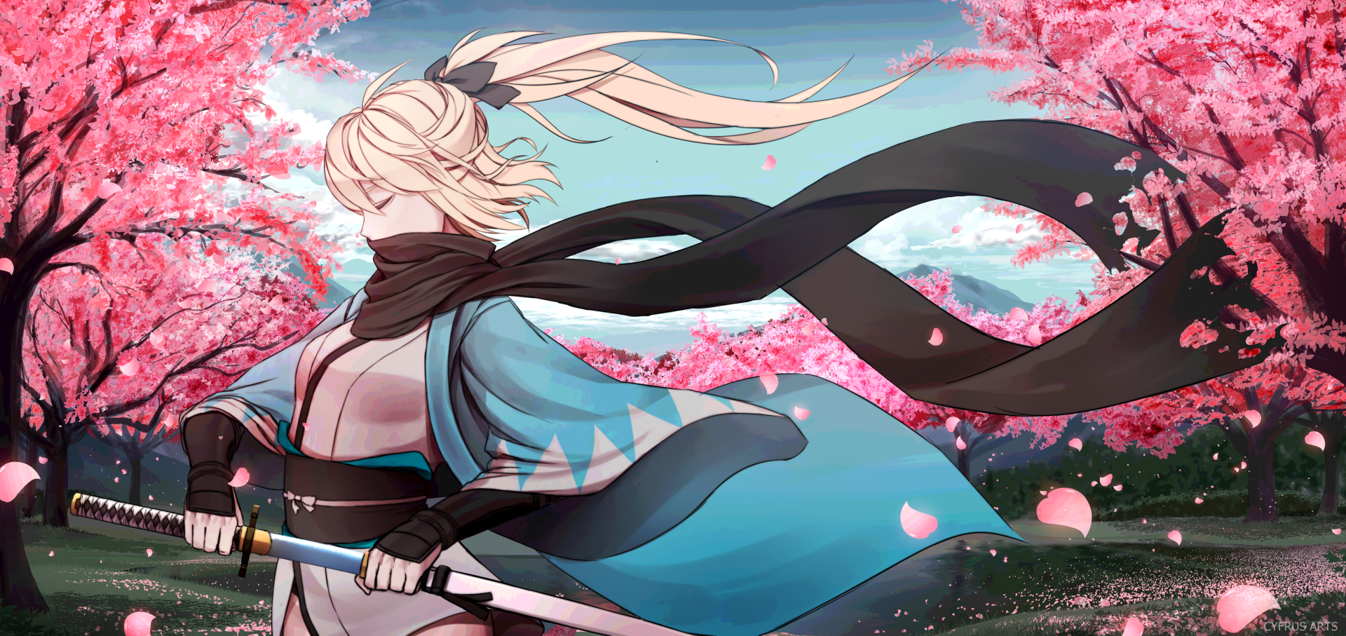 Okita Souji Ponytail Katana - Fate/Grand Order HD Wallpaper by Cyfrus
