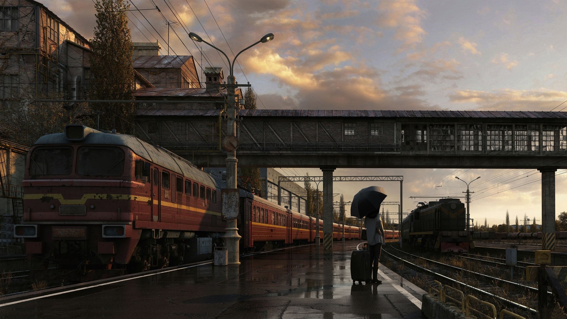 4K Ultra HD Train Station: Rainy Evening with Umbrella and Vehicles