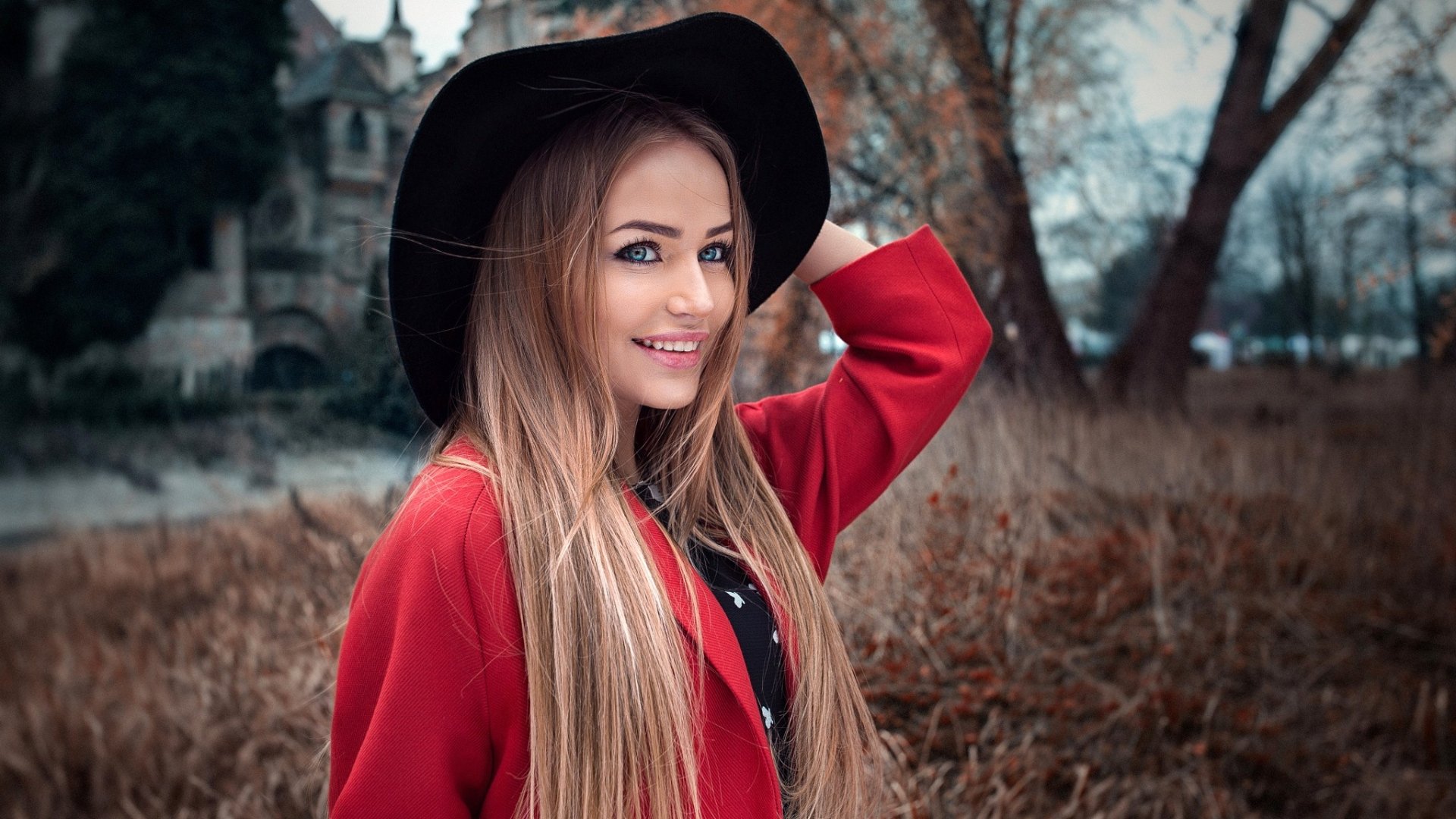 Download Blue Eyes Long Hair Blonde Smile Hat Depth Of Field Woman ...