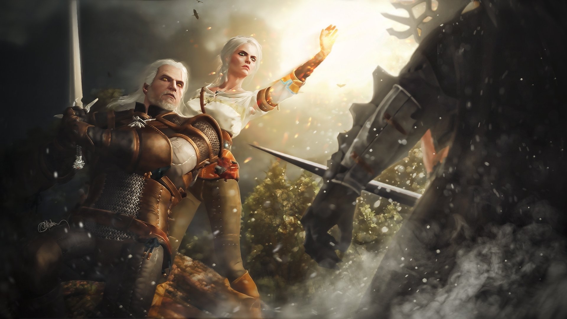 Epic Battle: Ciri and Geralt HD Wallpaper from The Witcher 3
