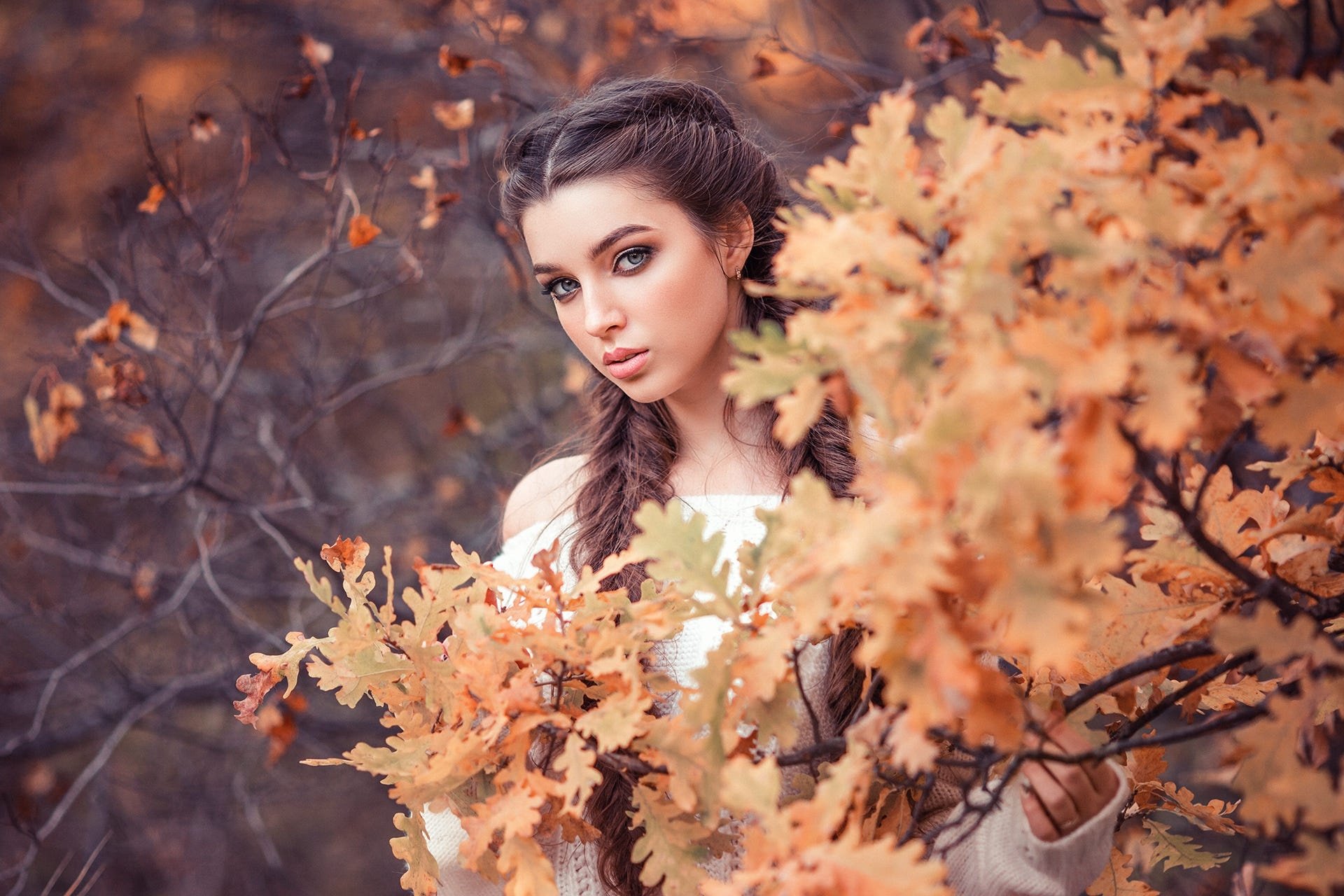 Download Stare Fall Blue Eyes Long Hair Braid Brunette Woman Model HD ...